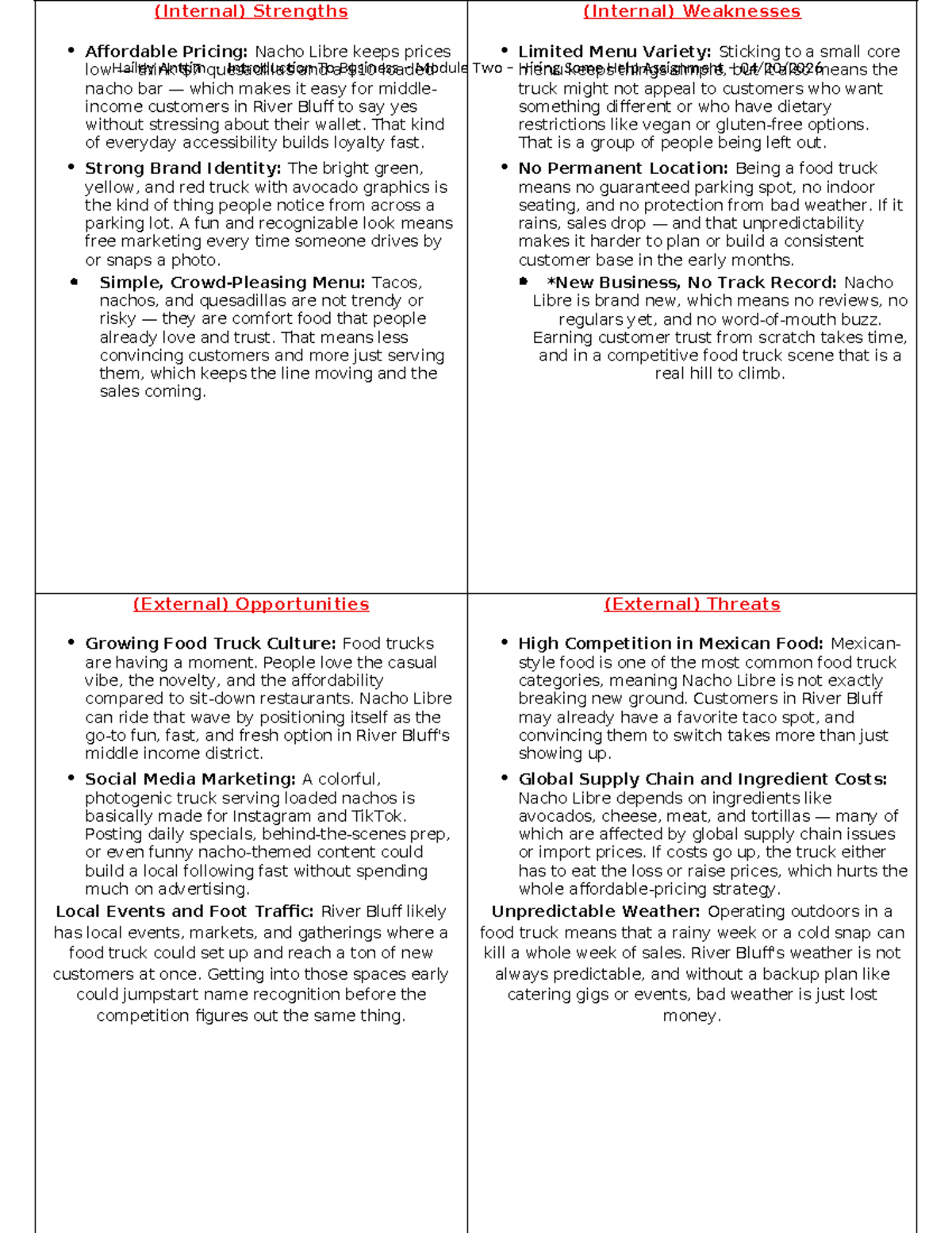 Module 2 SWOT Analysis for Nacho Libre Food Truck - Studocu