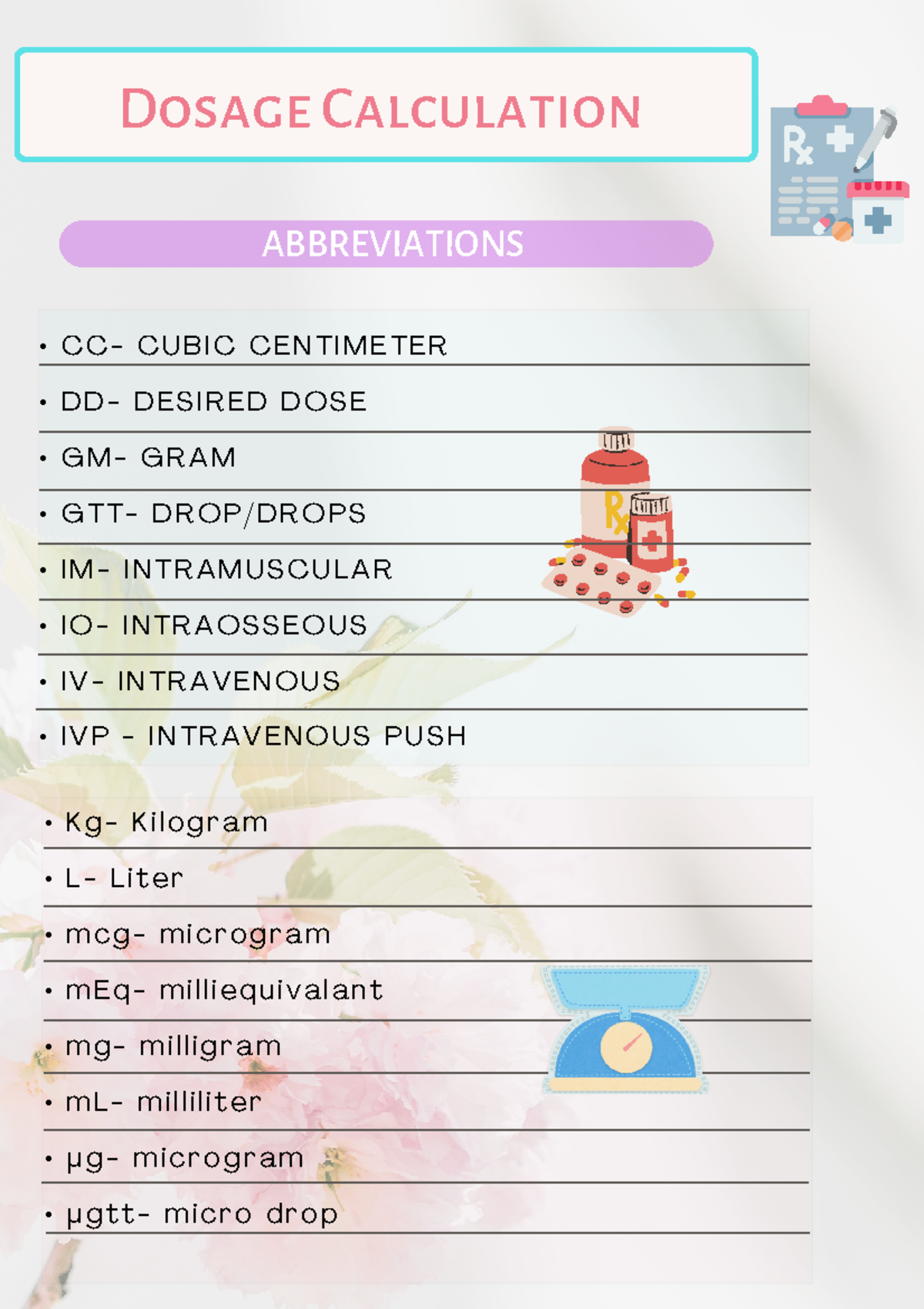 Dosage Calculation Study Guide - • K g - K i l o g r a m • L - L i t e ...