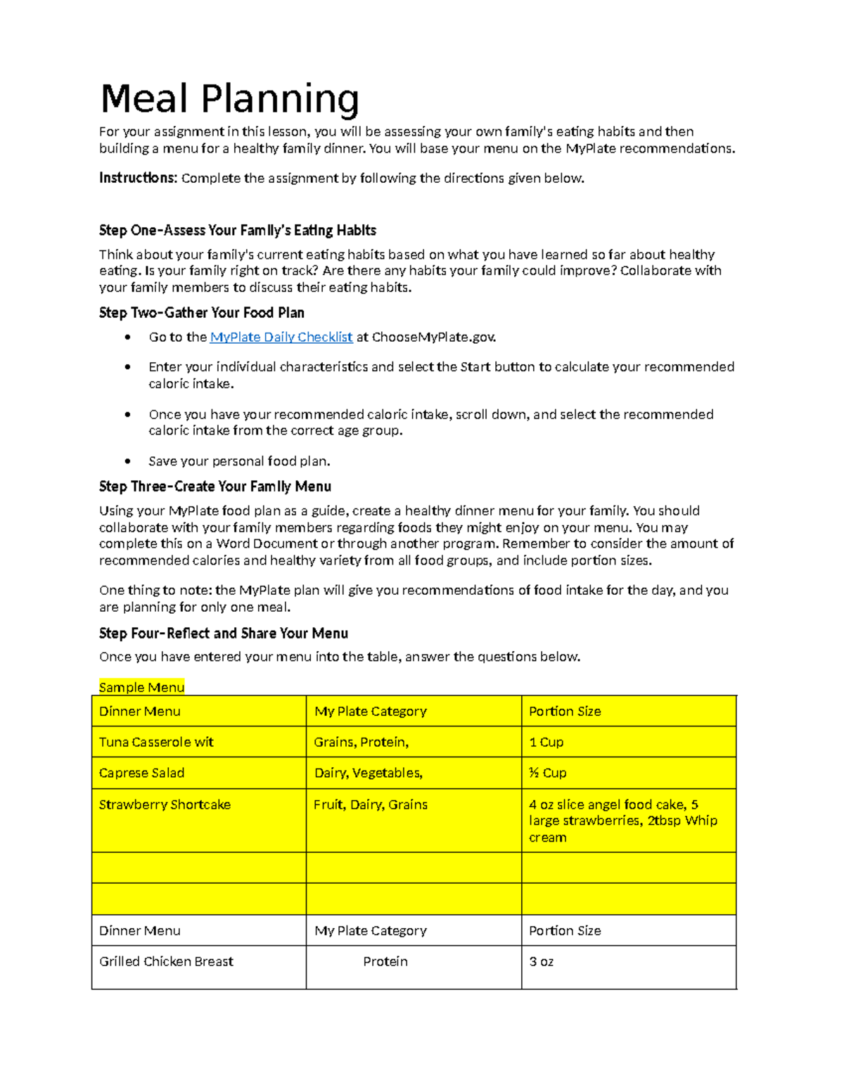 Meal planning assignment for 04 03 05 - online class - Studocu