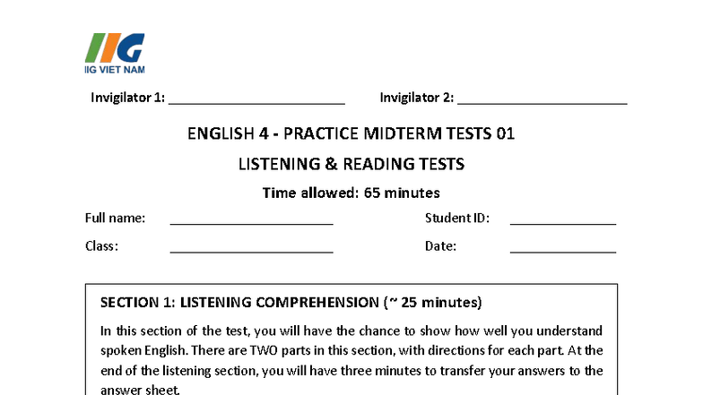 ENGLISH 4 PRACTICE MIDTERM TESTS 01: LISTENING & READING COMPREHENSION ...