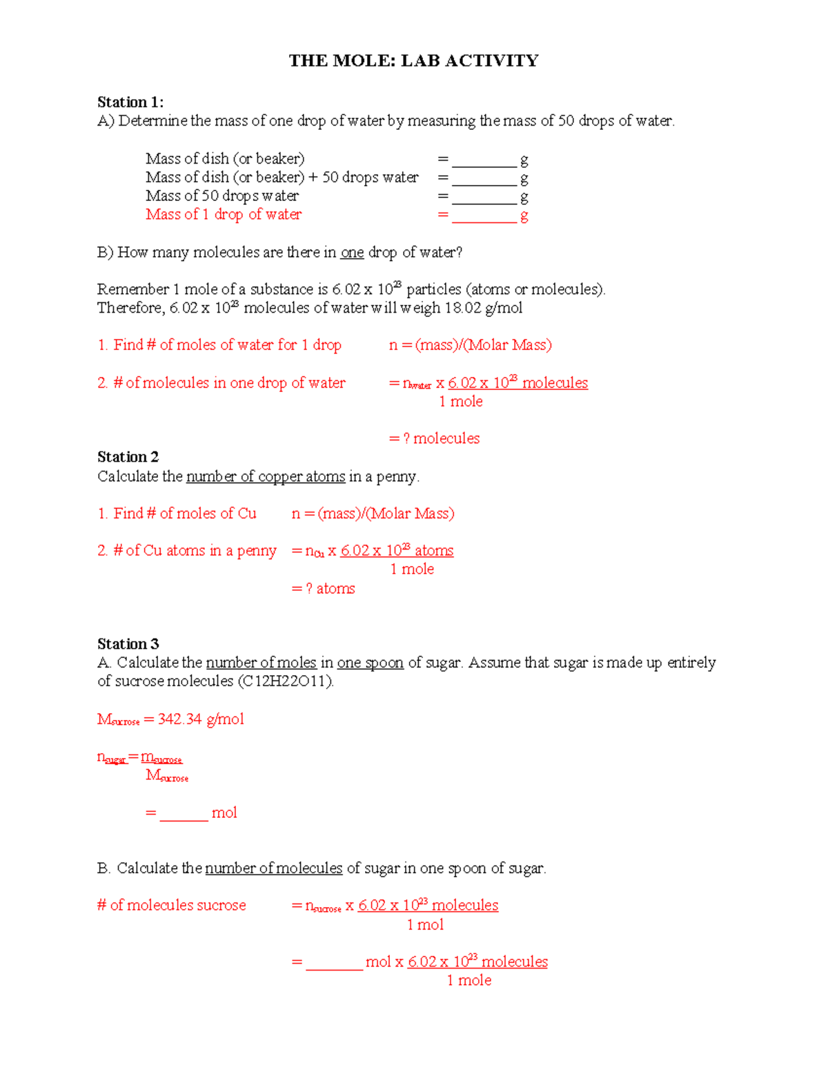 The Mole Lab Activity-Answers - THE MOLE: LAB ACTIVITY Station 1: A ...