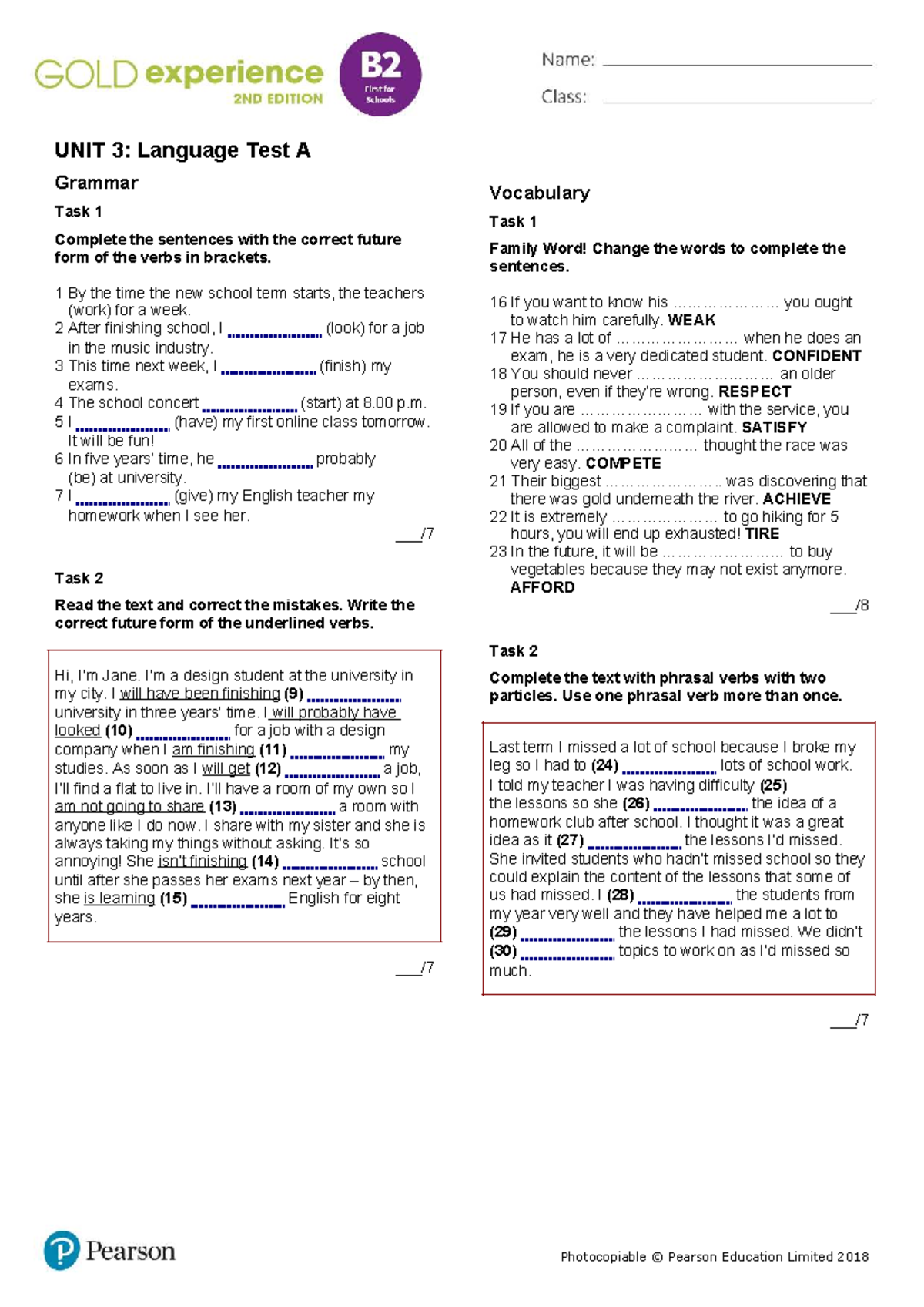 Gold Exp B2 Unit 3: Language Test A - Future Forms & Vocabulary Tasks ...