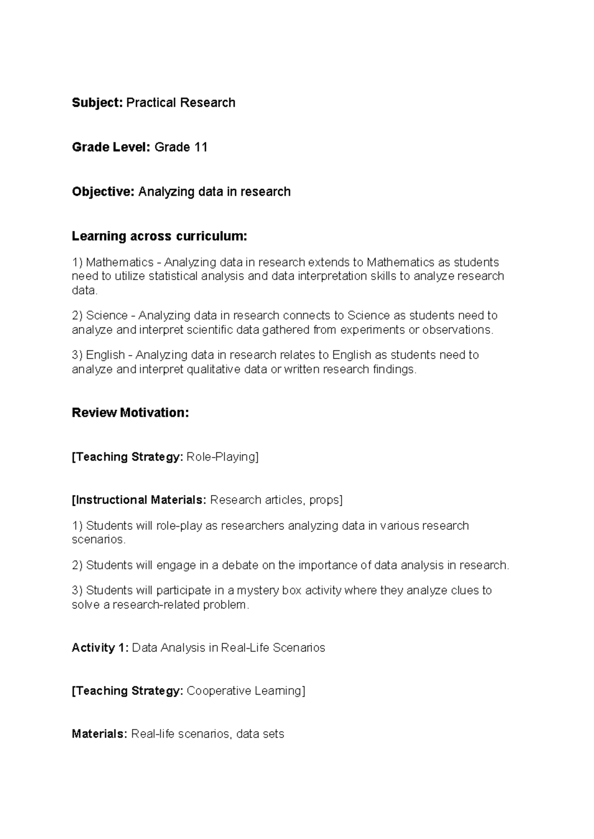 Lesson Plan: Analyzing Data in Research (Grade 11) - Studocu