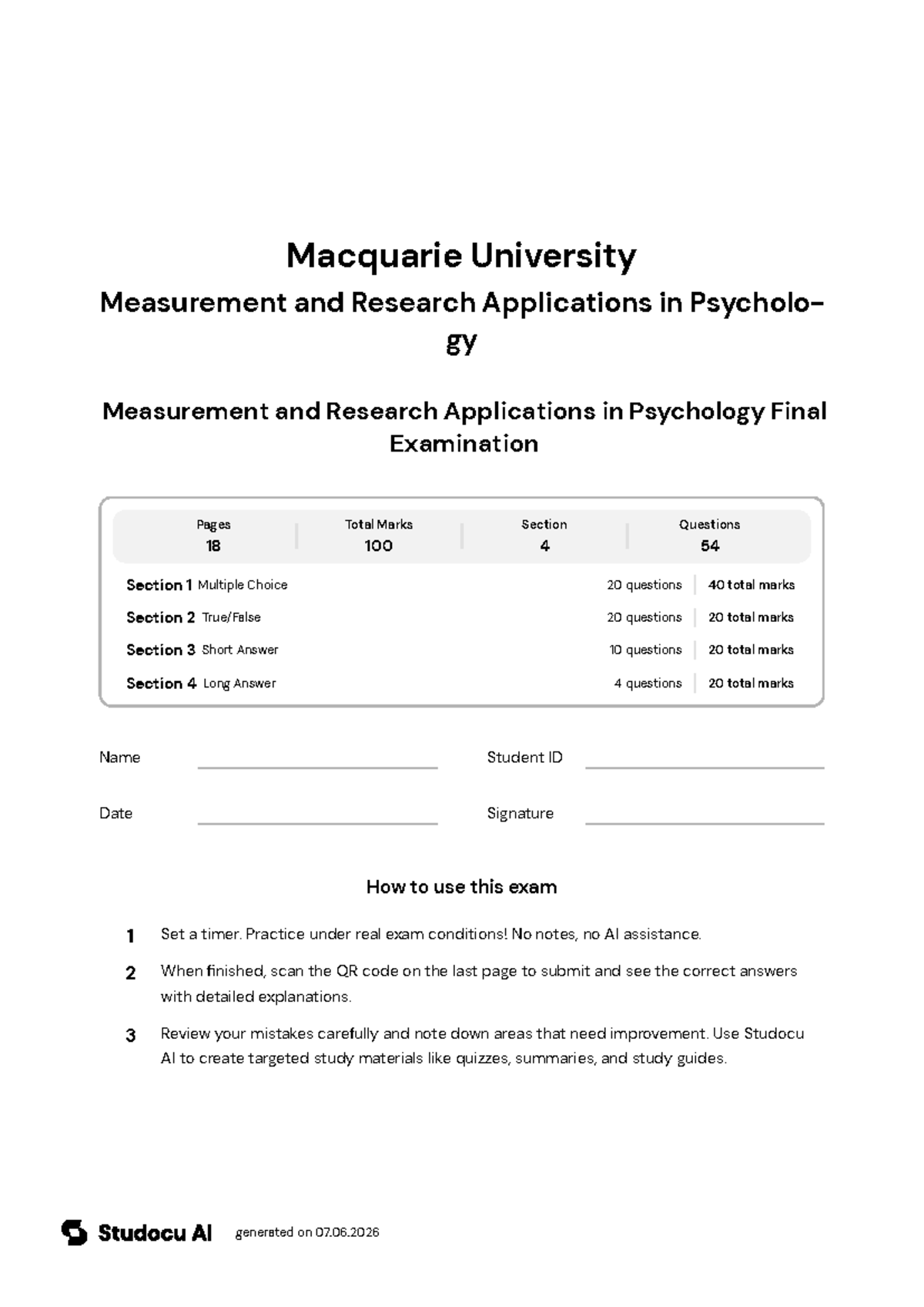 Measurement and Research Applications in Psychology Final Exam - Studocu
