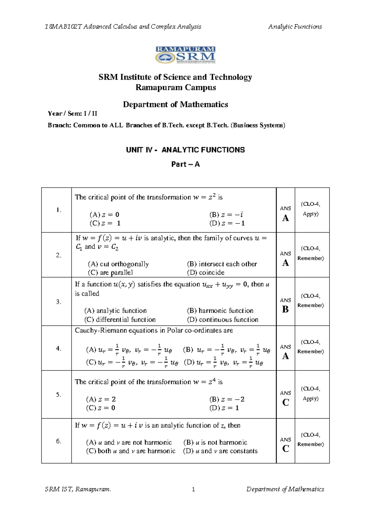 18MAB102T Advanced Calculus & Complex Analysis: Unit IV - Analytic ...