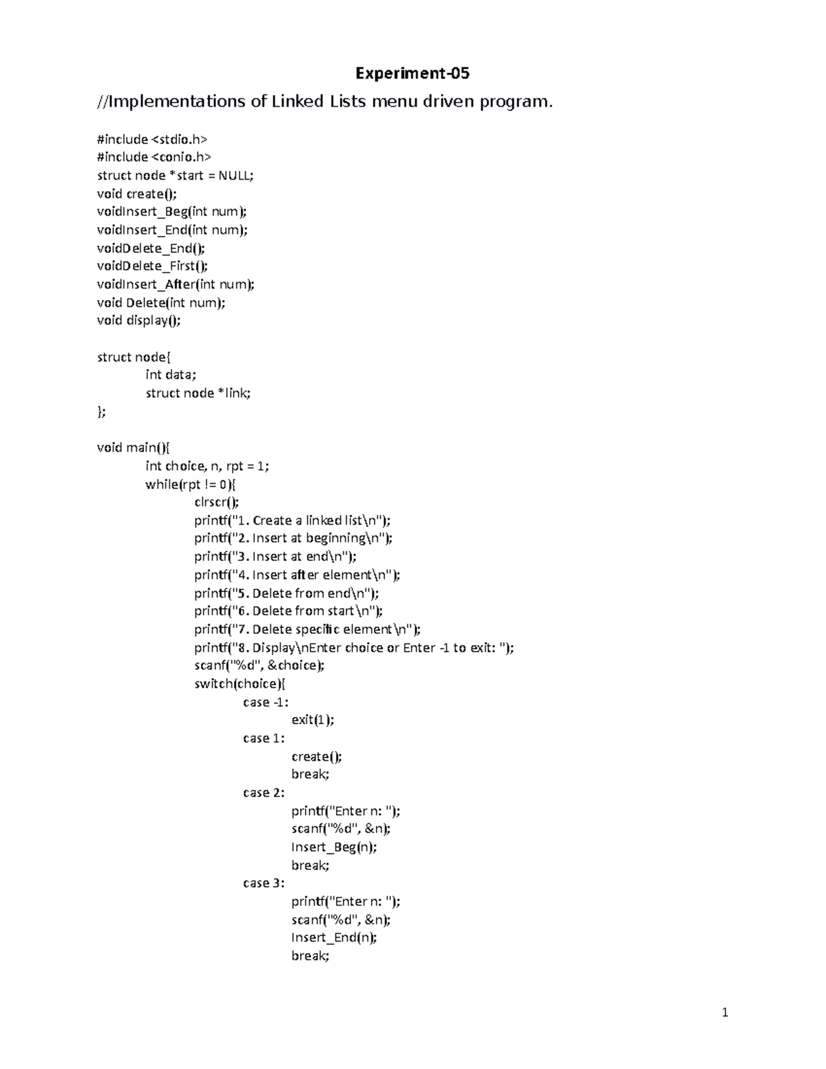 Linked Lists ( C Code) - Experiment-05 //Implementations of Linked ...