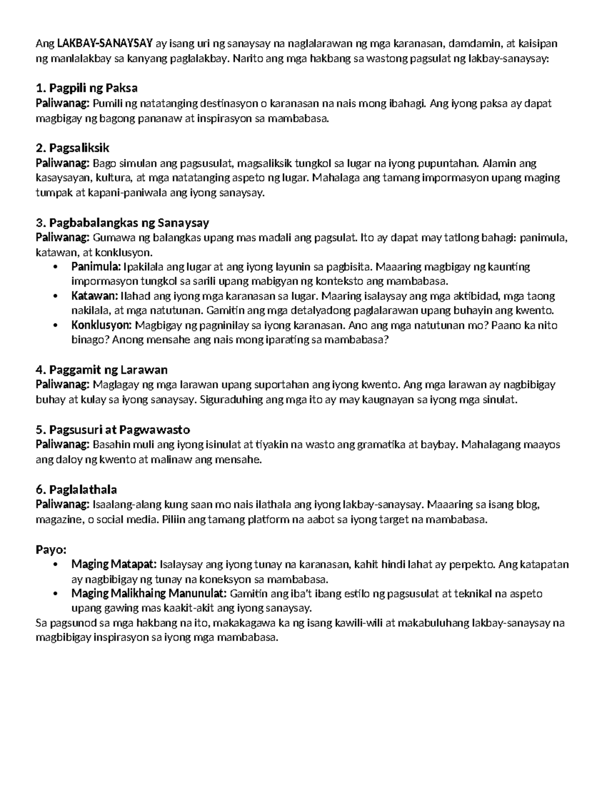 Pagsusulat ng Lakbay-Sanaysay: Mga Hakbang at Gabay - Studocu