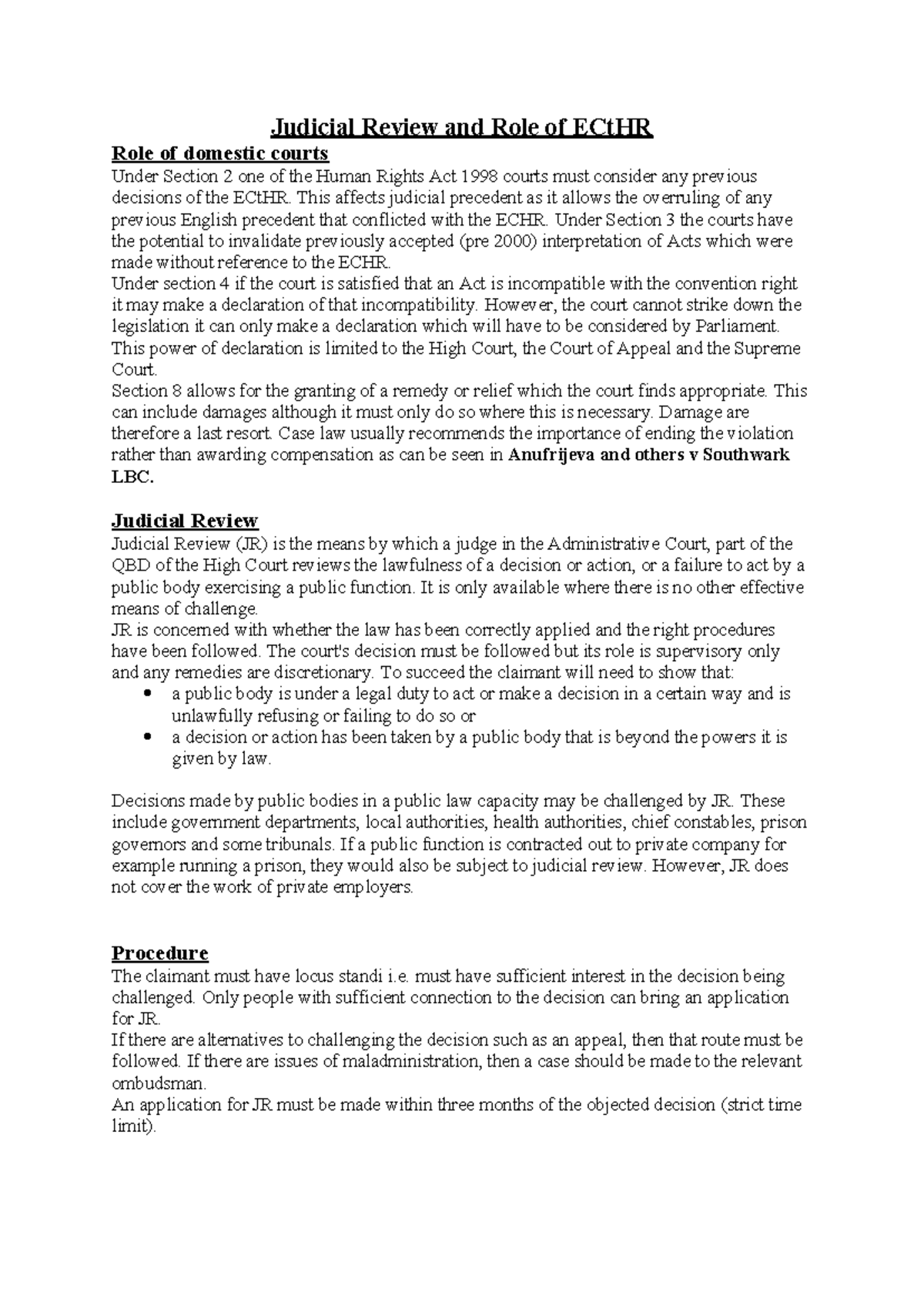 JR and the Role of the ECtHR: Analyzing Judicial Review Under HRA 1998 ...
