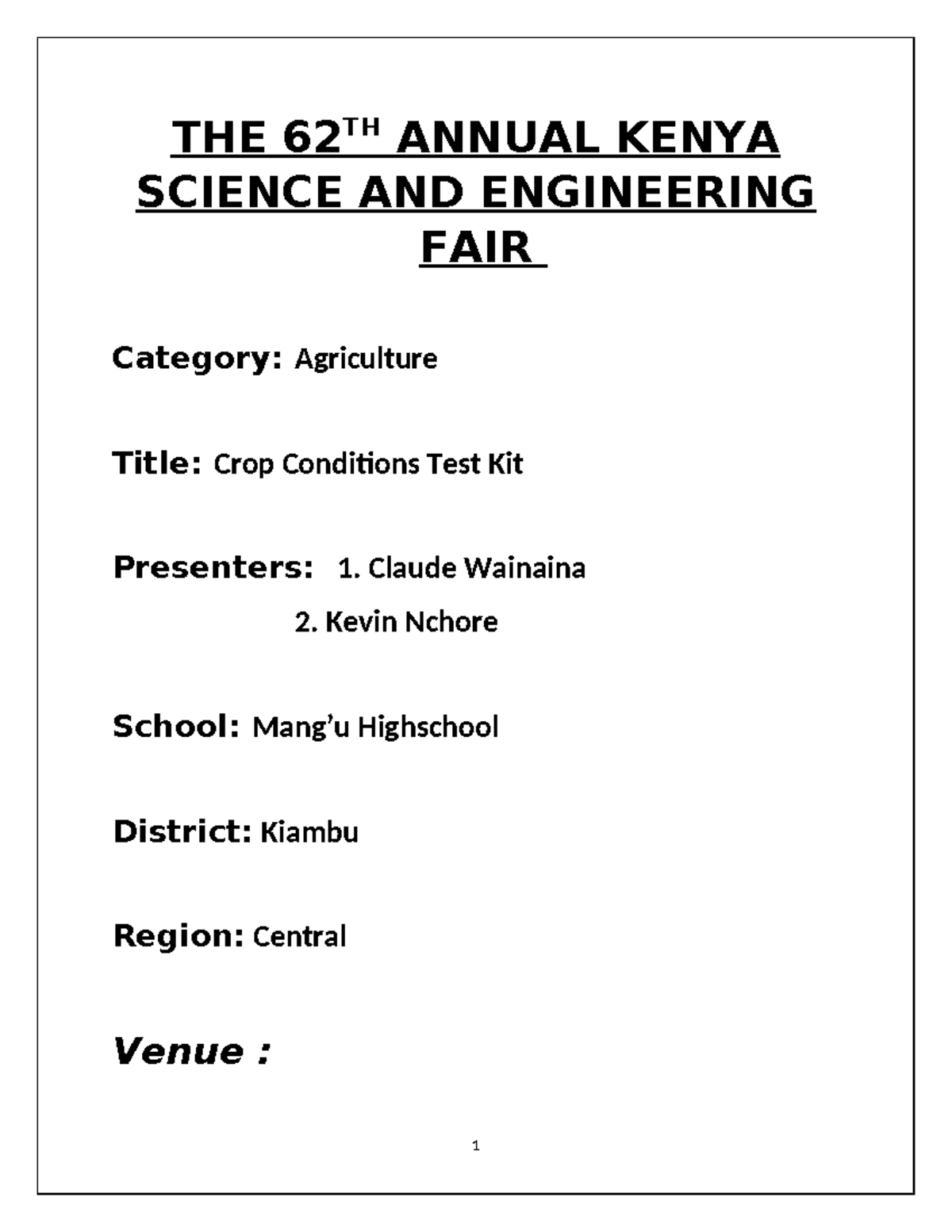 Kenya Science and Engineering Fair 2024: Crop Conditions Test Kit - Studocu