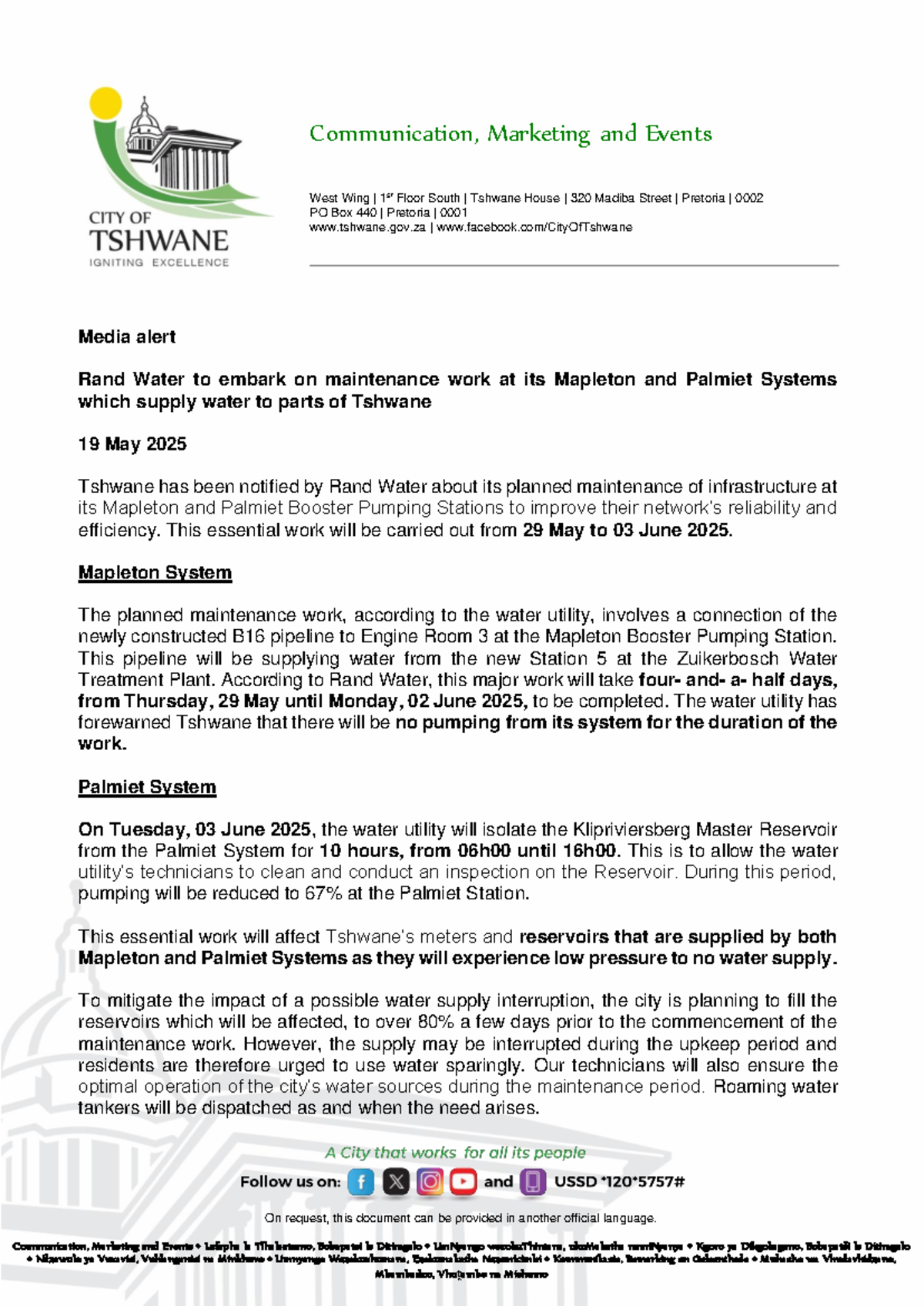 Rand Water Maintenance Notice: Mapleton & Palmiet Systems (May-June ...