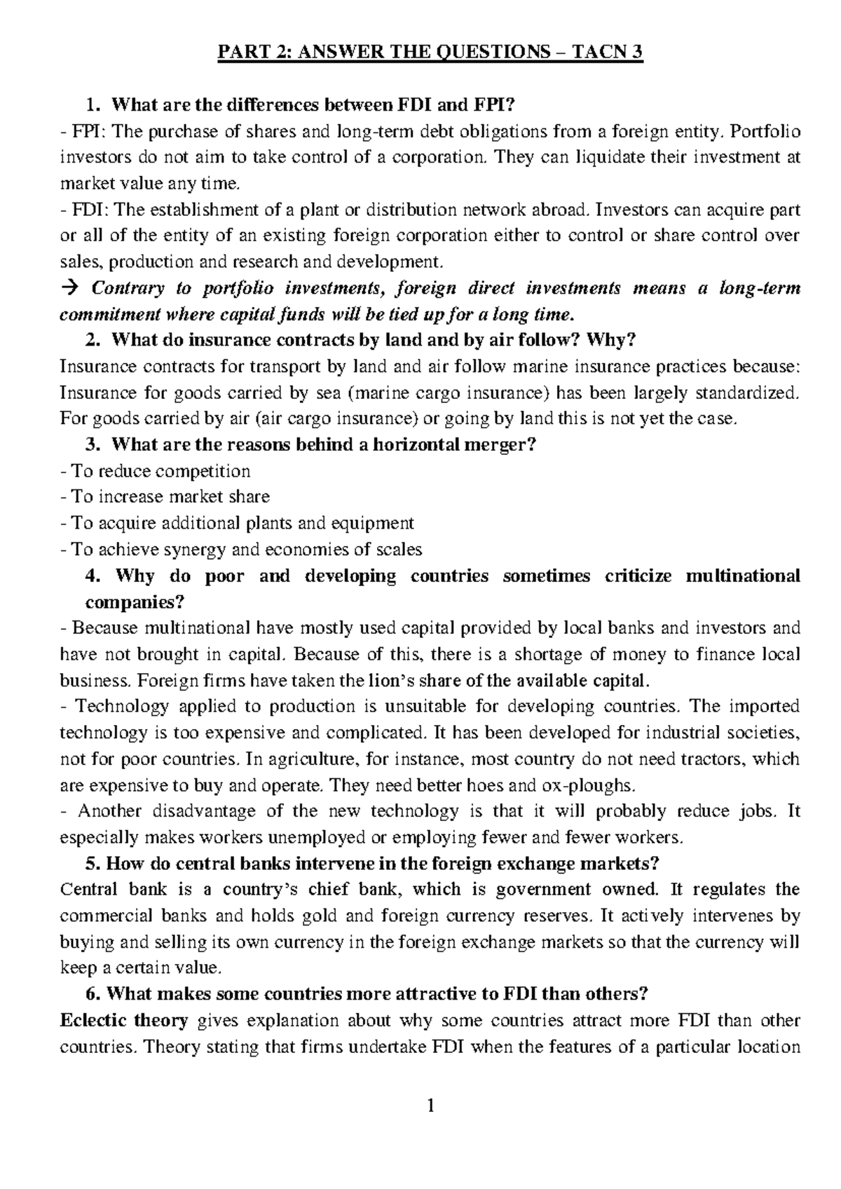 Final Exam TACN: Key Concepts in FDI, FPI, and International Trade ...