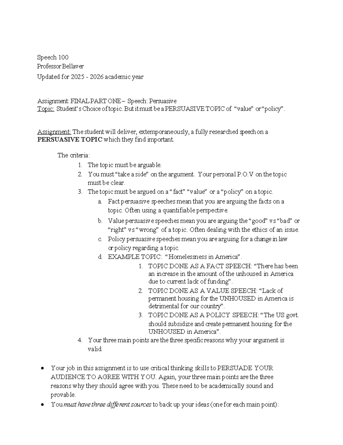 Persuasive Speech Assignment: Speech 100 - Final Exam 2025-2026 - Studocu