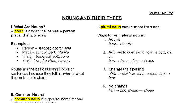 NOUNS, PRONOUNS, AND ADJECTIVES: VERBAL ABILITY LECTURE NOTES - Studocu