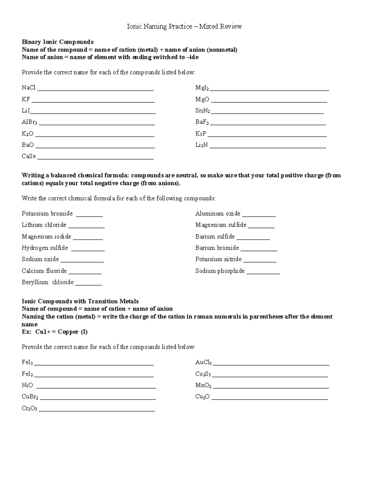 Ionic Compound Naming and Formula Writing Practice Worksheet - Ionic ...