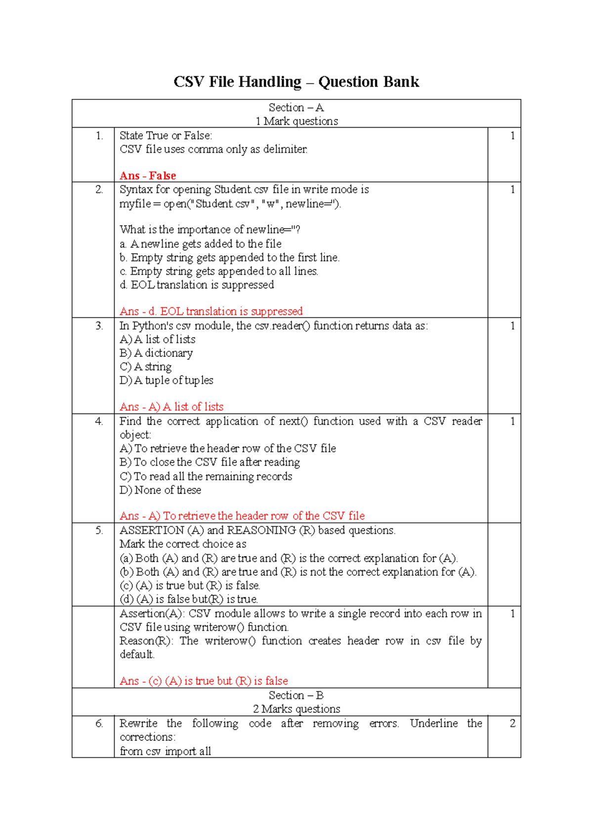 Question Bank - CSV File Handling - CS101 - Studocu