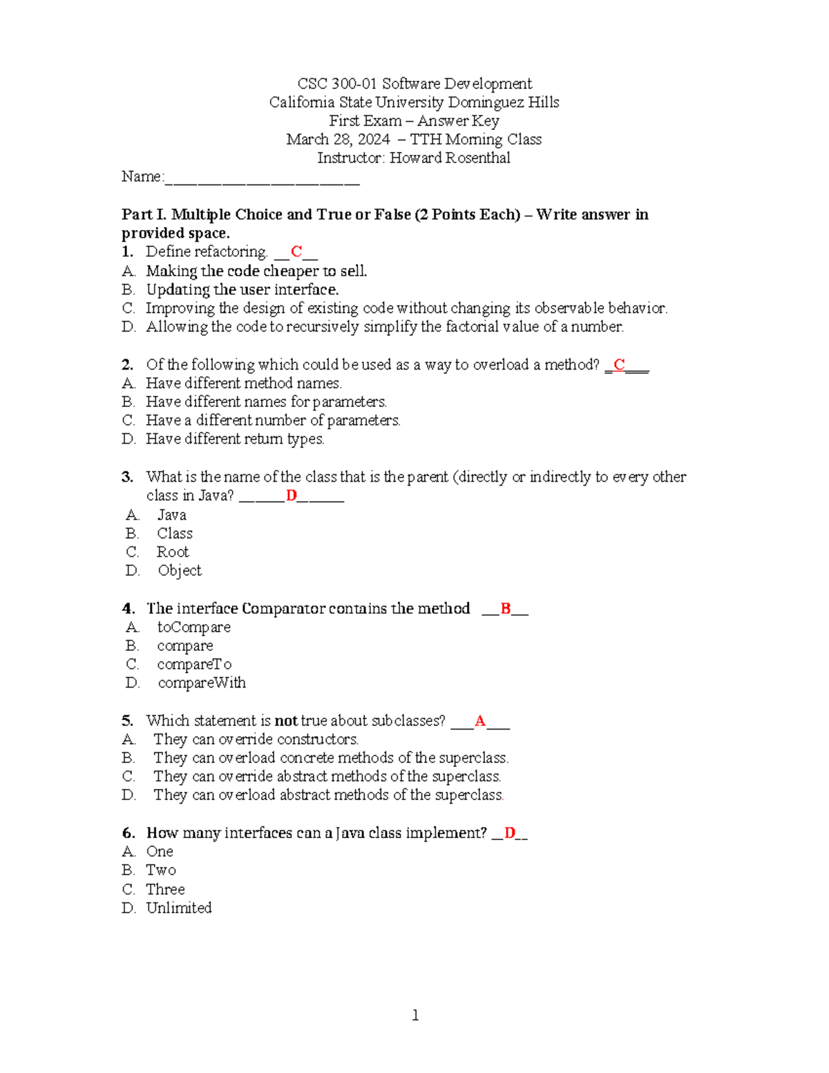 CSC 300-01 Software Development First Exam Answer Key (March 2024 ...