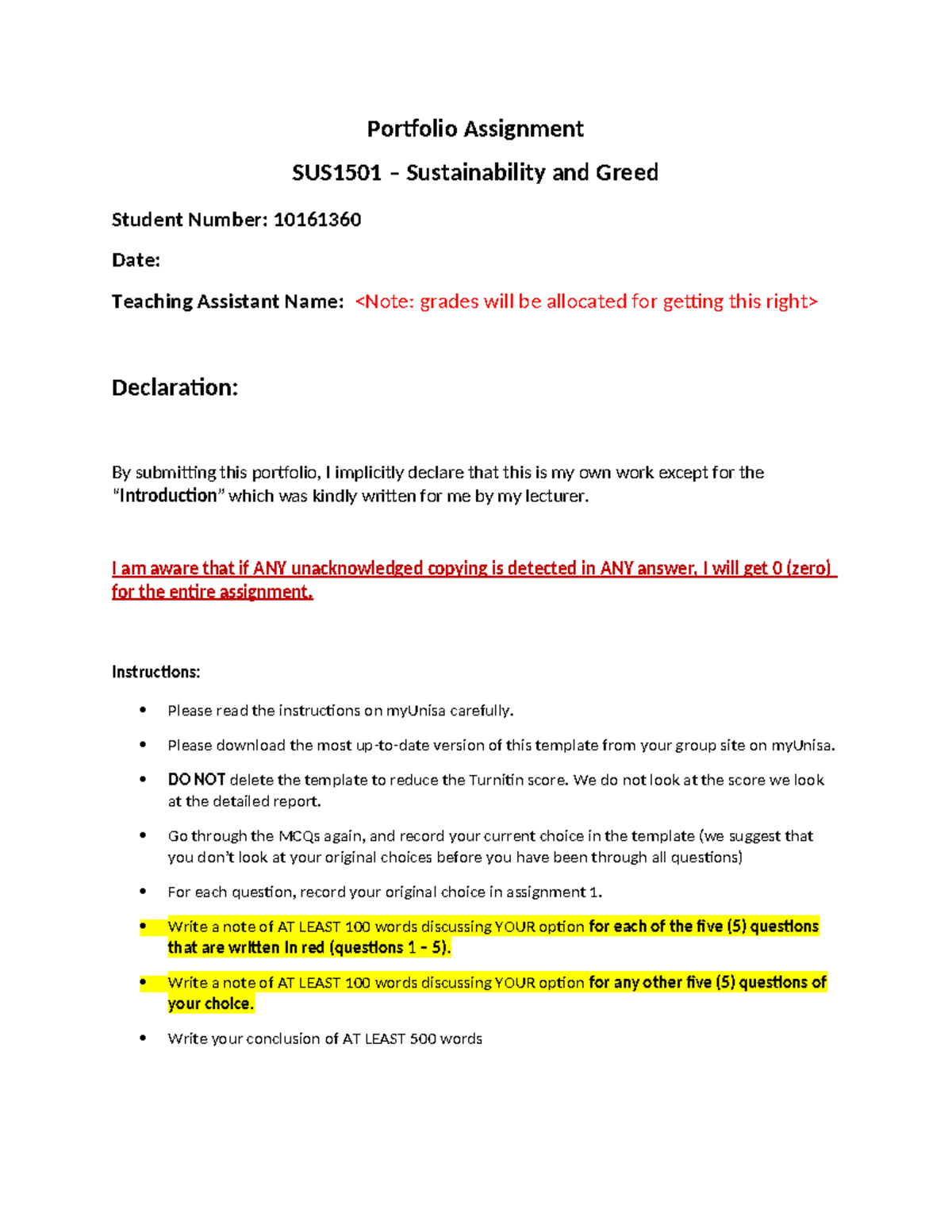 SUS1501 Portfolio: Reflections on Sustainability and Greed - Studocu