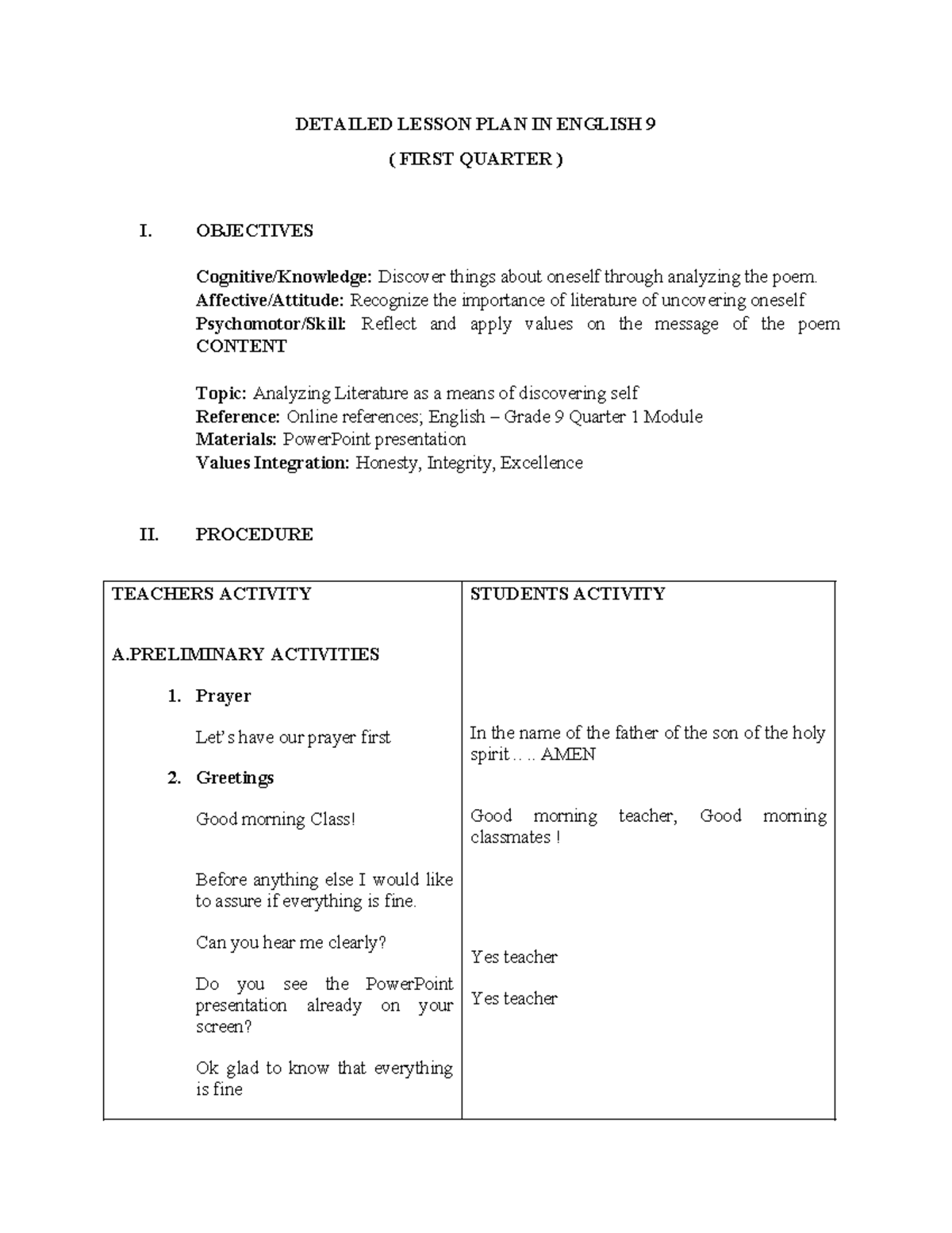 DETAILED LESSON PLAN FOR ENGLISH 9 (1ST QUARTER) - SELF DISCOVERY ...