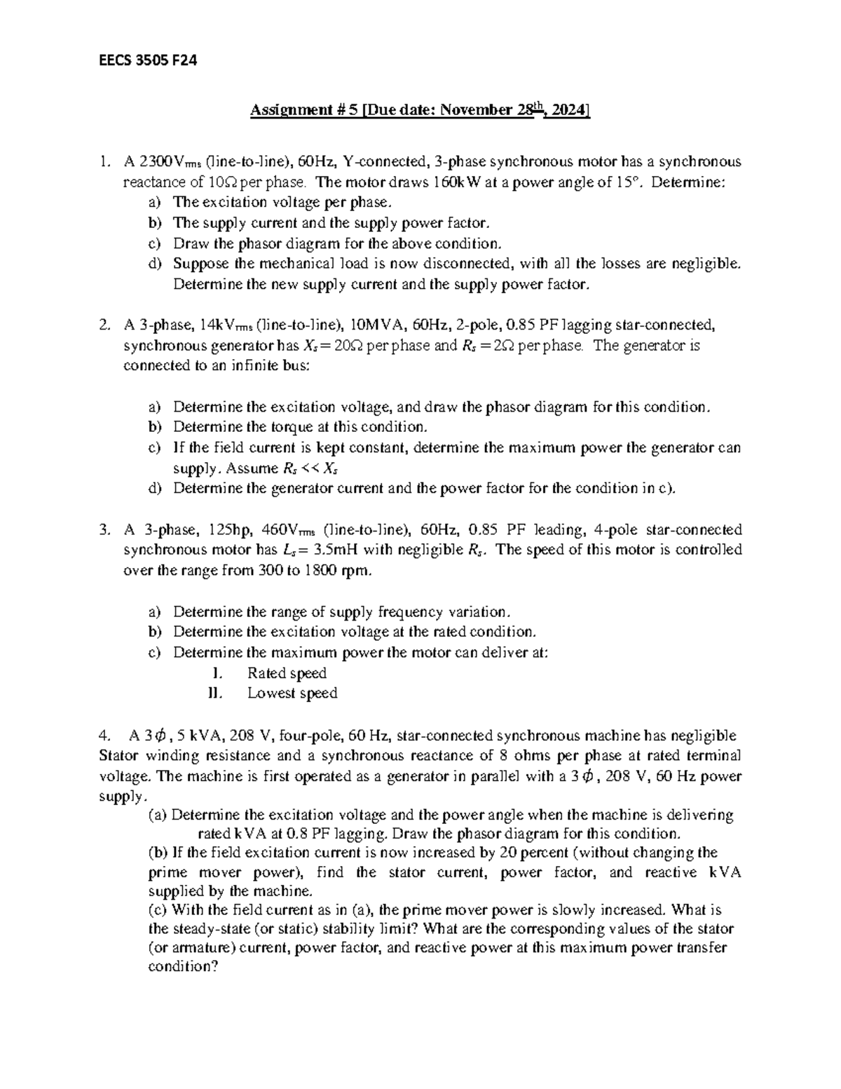 EECS 3505 F 24 - Assignment 5: Synchronous Machines Analysis - Studocu