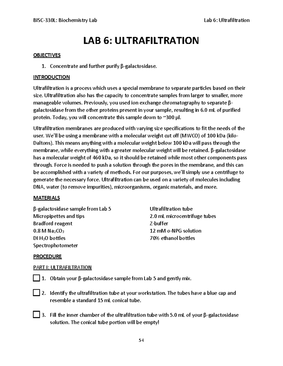 Biochemistry Lab (BIOC 101) Lab 6: Ultrafiltration Techniques - Studocu