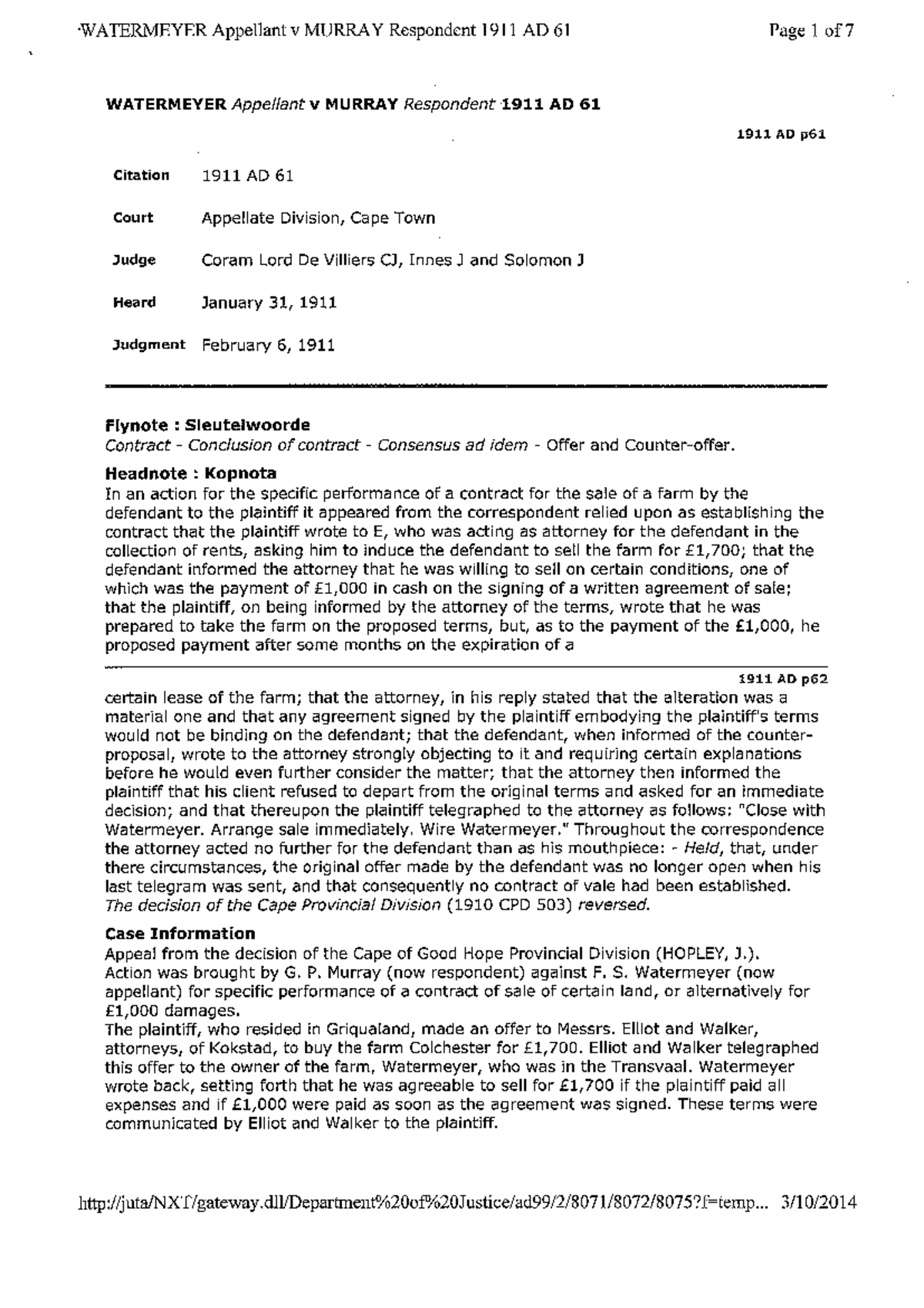 Watermeyer v Murray Case Analysis (321035364) - Appellate Division ...