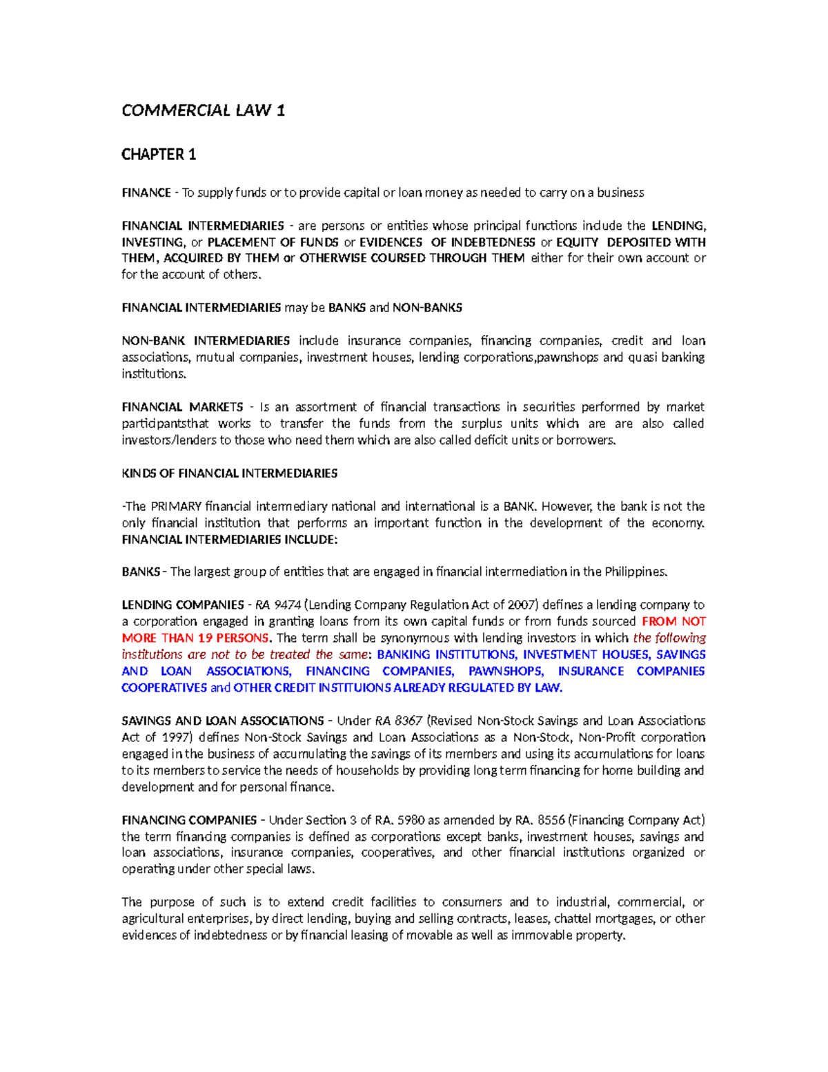Commercial-LAW - Notes - COMMERCIAL LAW 1 CHAPTER 1 FINANCE - To supply ...
