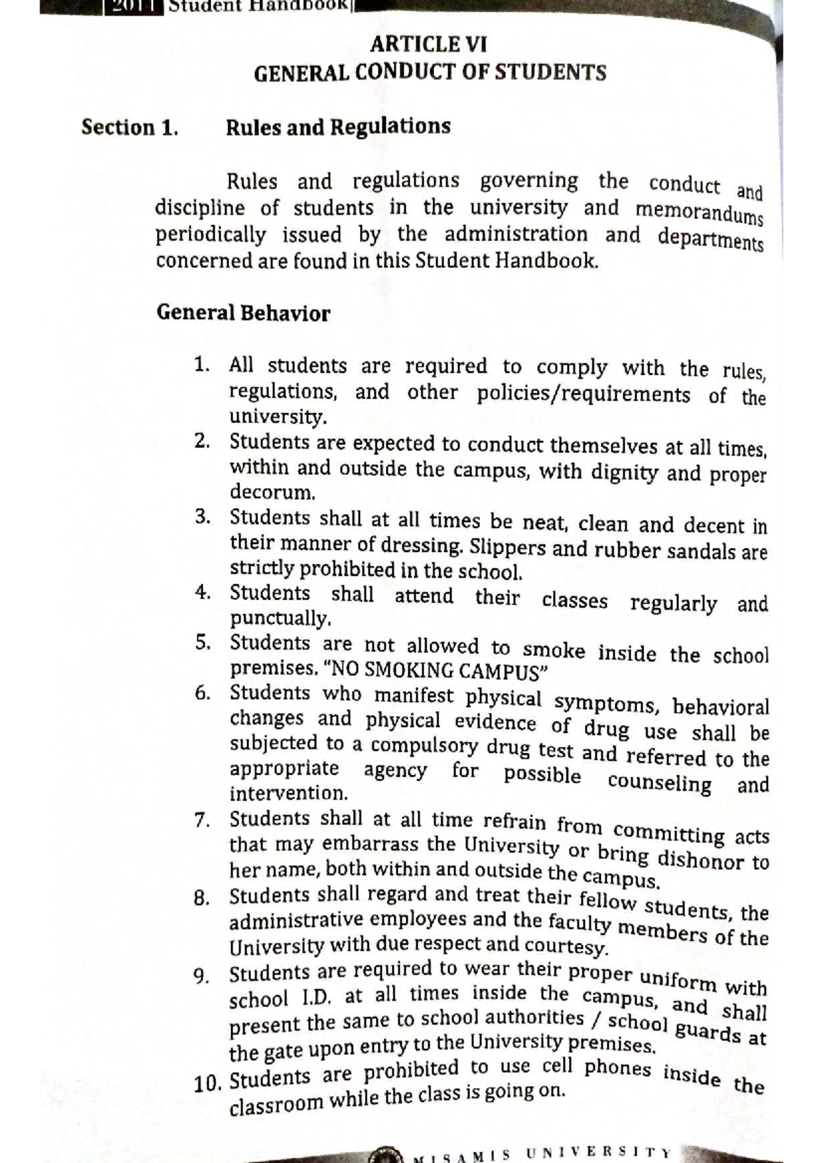 Misamis University Student Handbook: General Conduct Rules - Studocu
