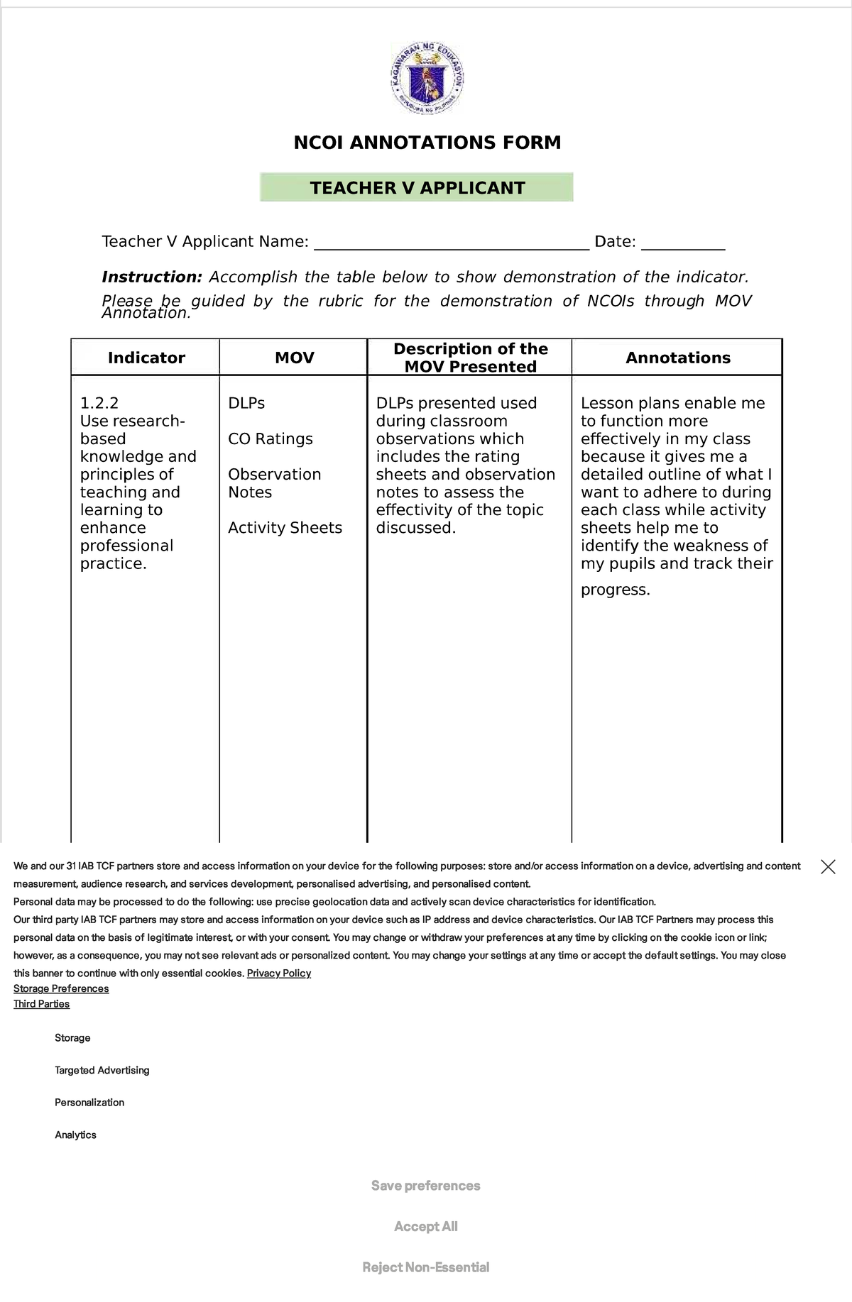 NCOI Annotations Form for Teacher V Applicant: Demonstration of ...
