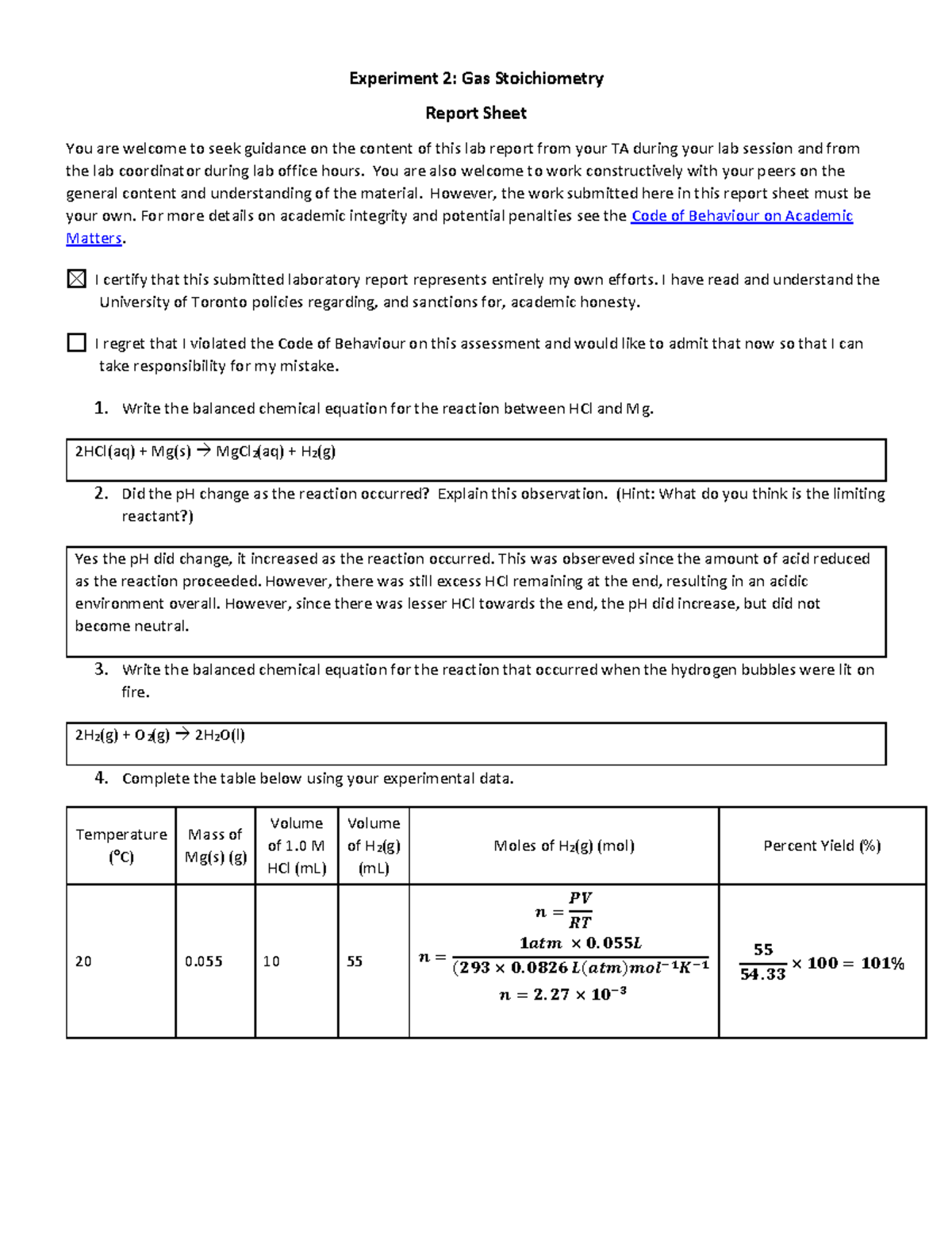 CHM135 Lab 2 Report: Gas Stoichiometry & Experimental Data Analysis ...