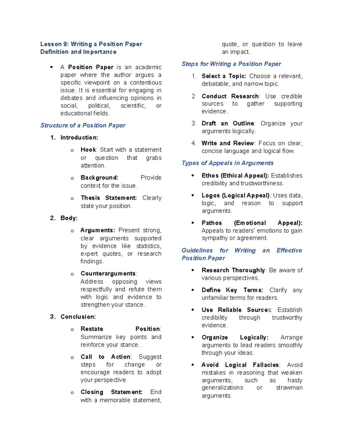 Lesson 9: Writing a Position Paper - Definition & Importance (EAPP ...