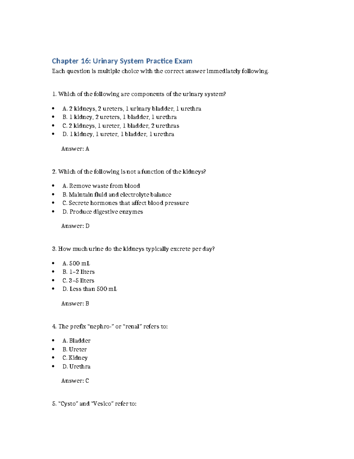 Chapter 16: Urinary System Final Exam Practice Questions - Studocu