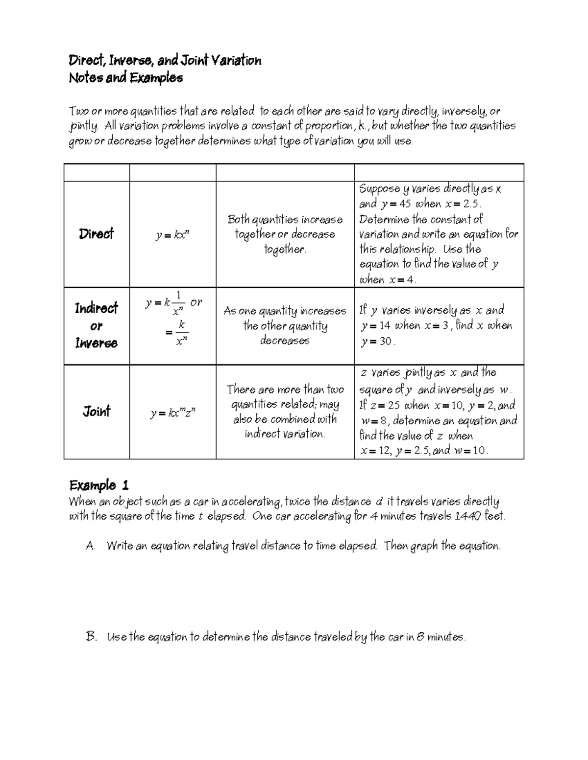 Direct inverse and joint variation notes and - Direct, Inverse, and ...