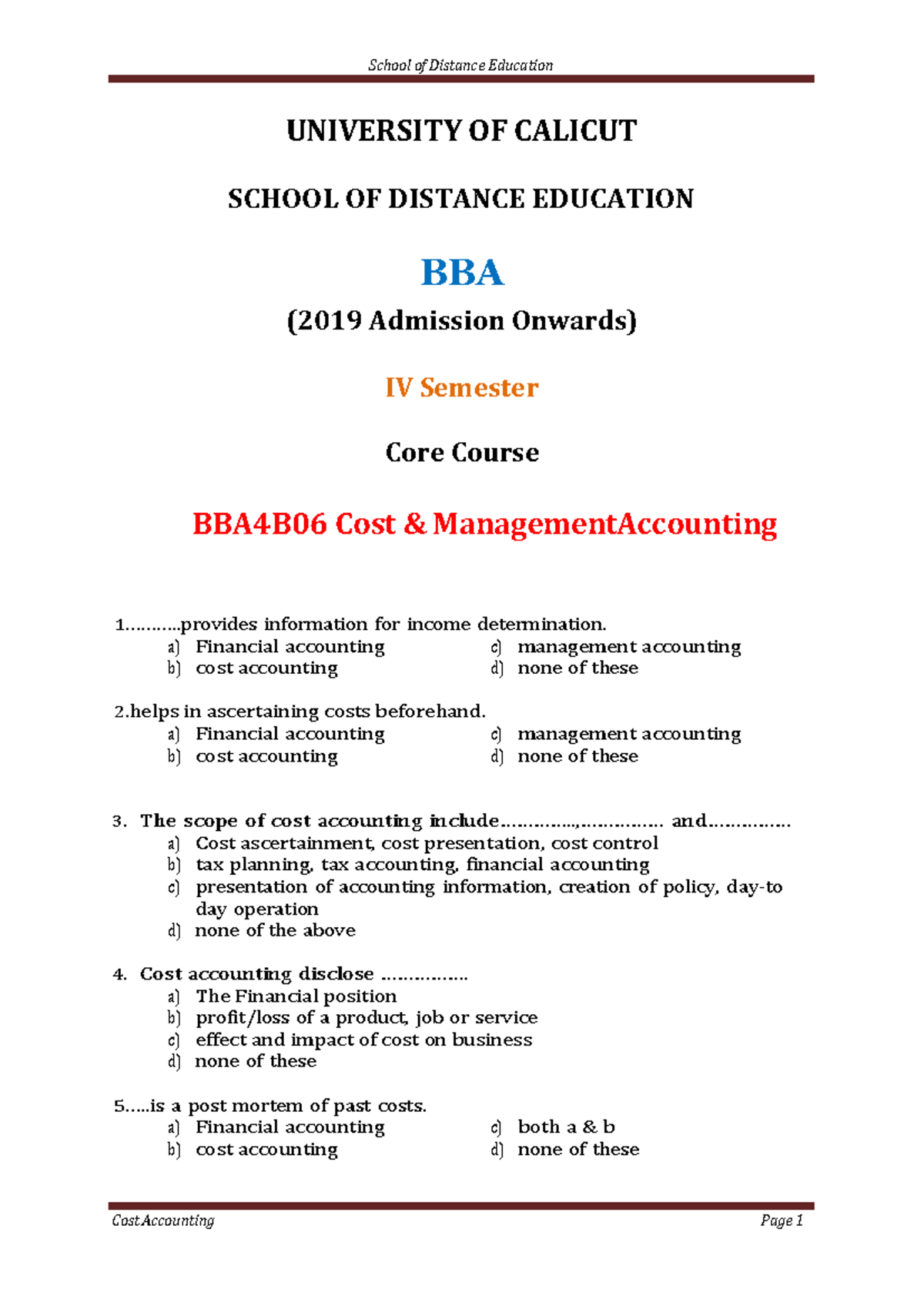 Cost and Management Accounting - UNIVERSITY OF CALICUT SCHOOL OF ...