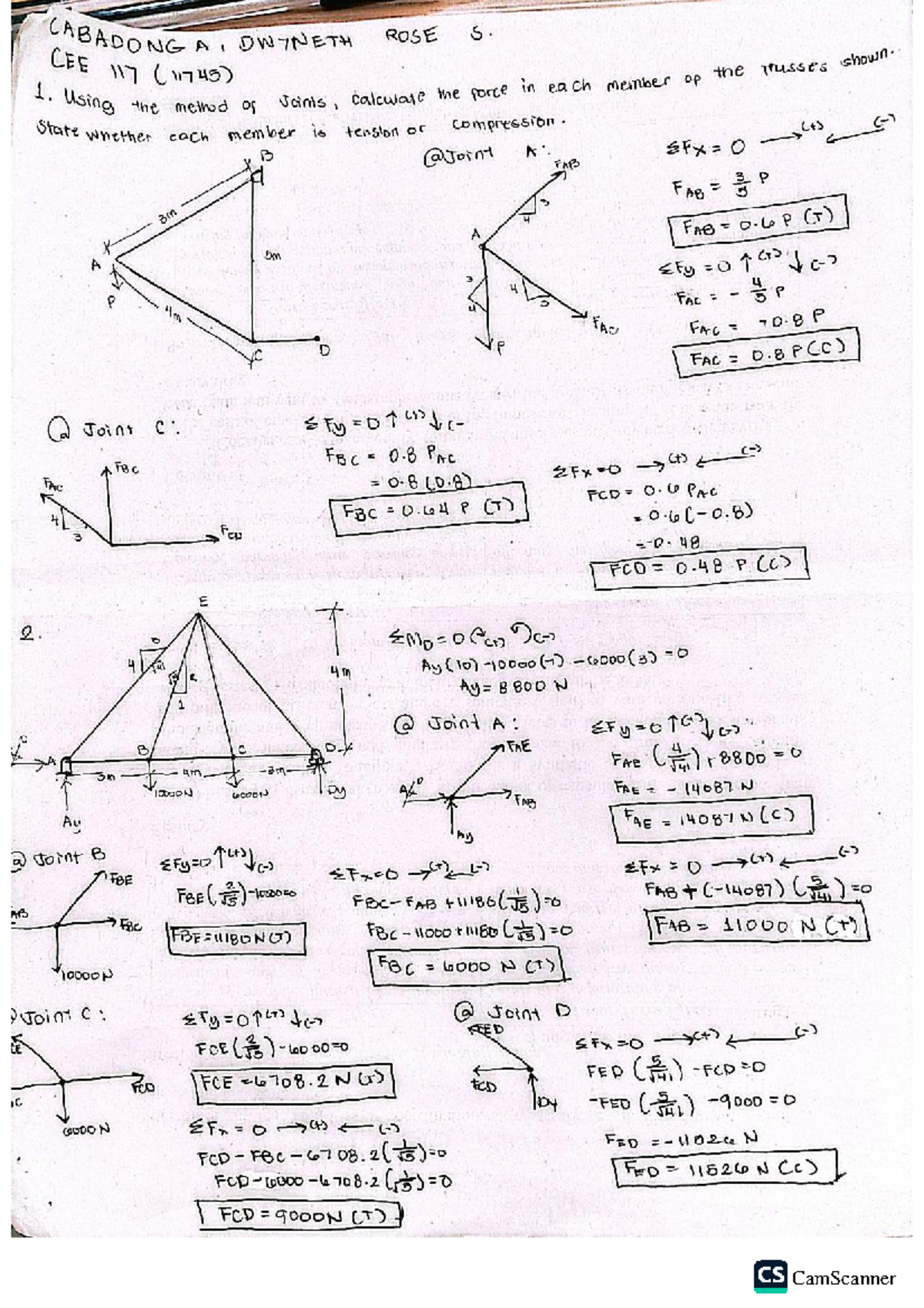 CEE117(11745) Method of Joints: Force Analysis in Members - Studocu