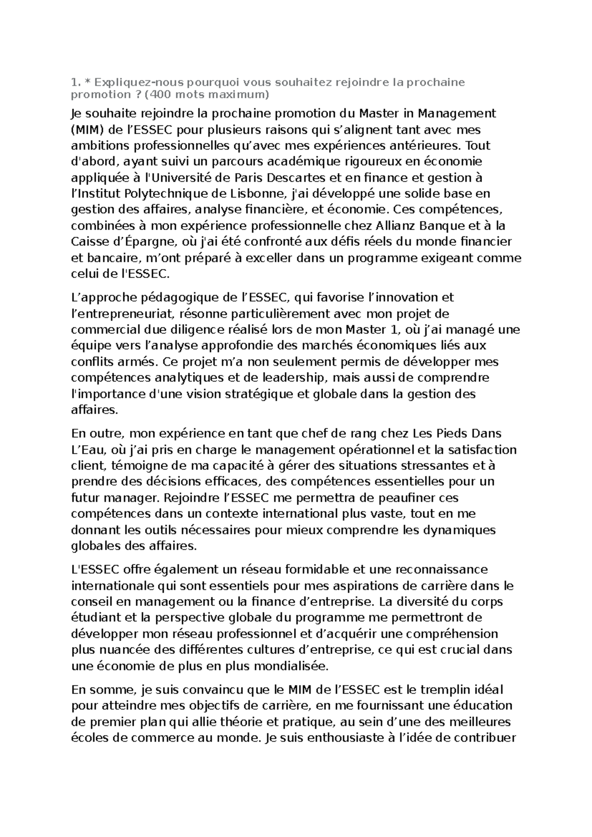 Essais de Candidature au MIM 2023 à l'ESSEC - Expériences et Valeurs ...