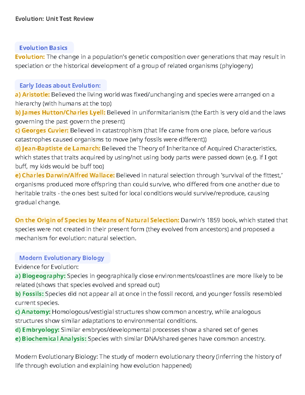 Evolution: Unit Test Review (9009219473 - Final Exam) - Studocu