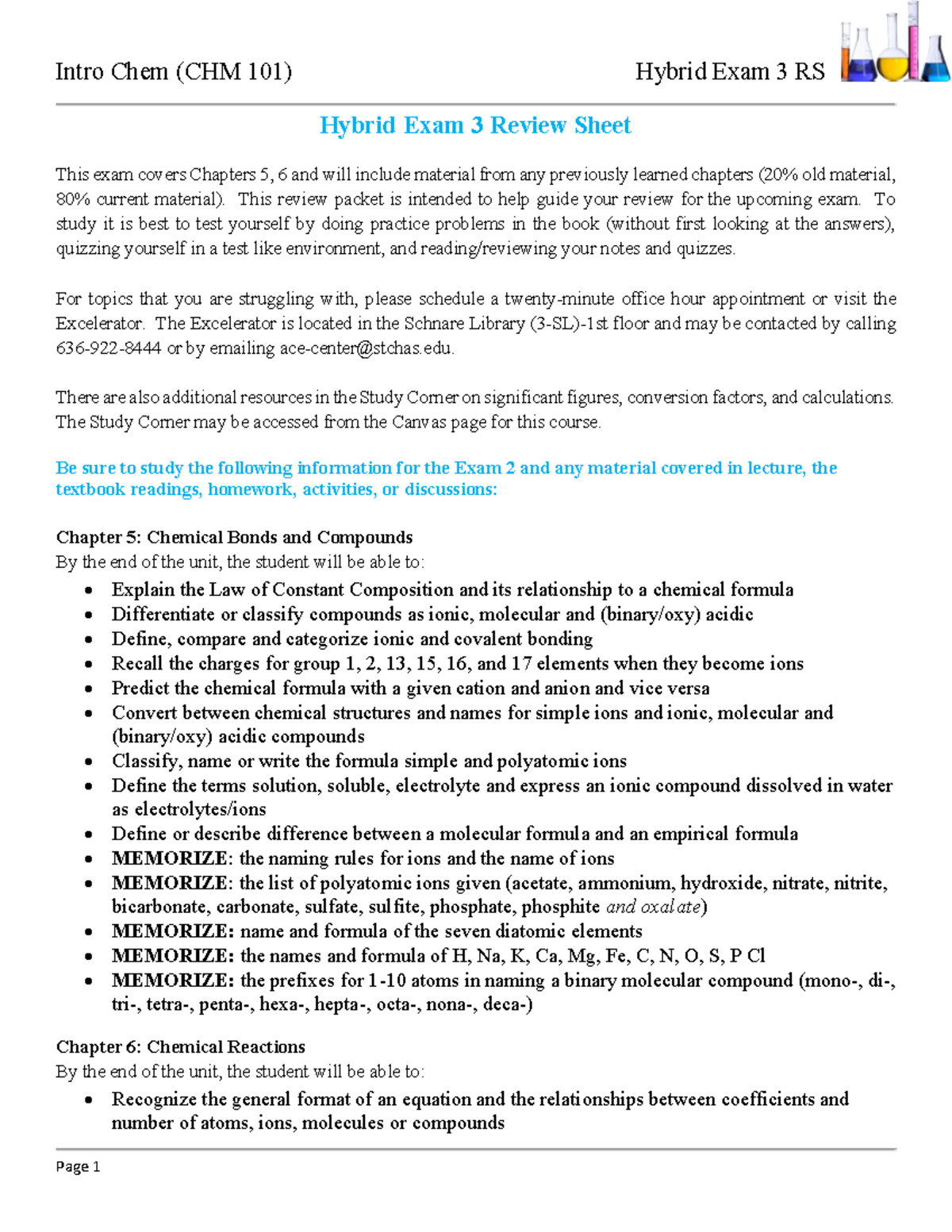 Hybrid Exam 3 Review Sheet for Intro Chem (CHM 101) - Studocu