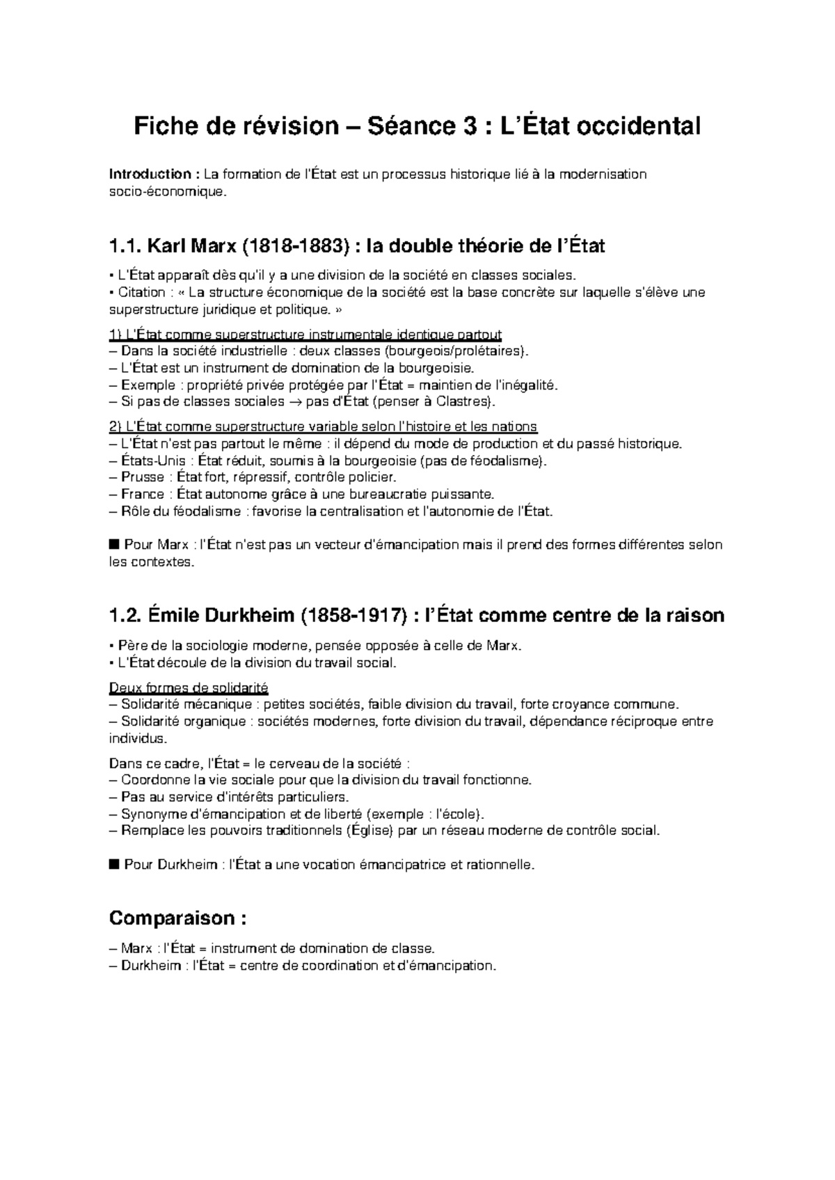 Fiche de révision Séance 3 : Marx et Durkheim en sociologie - Studocu