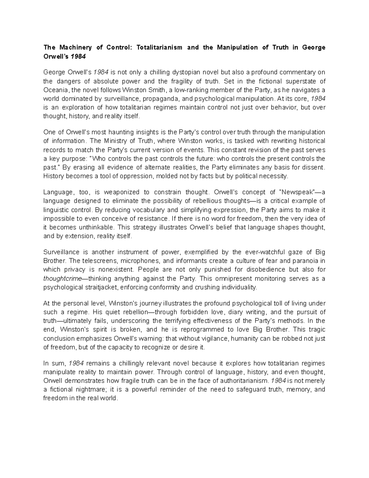 The Machinery of Control: Totalitarianism & Truth Manipulation in 1984 ...