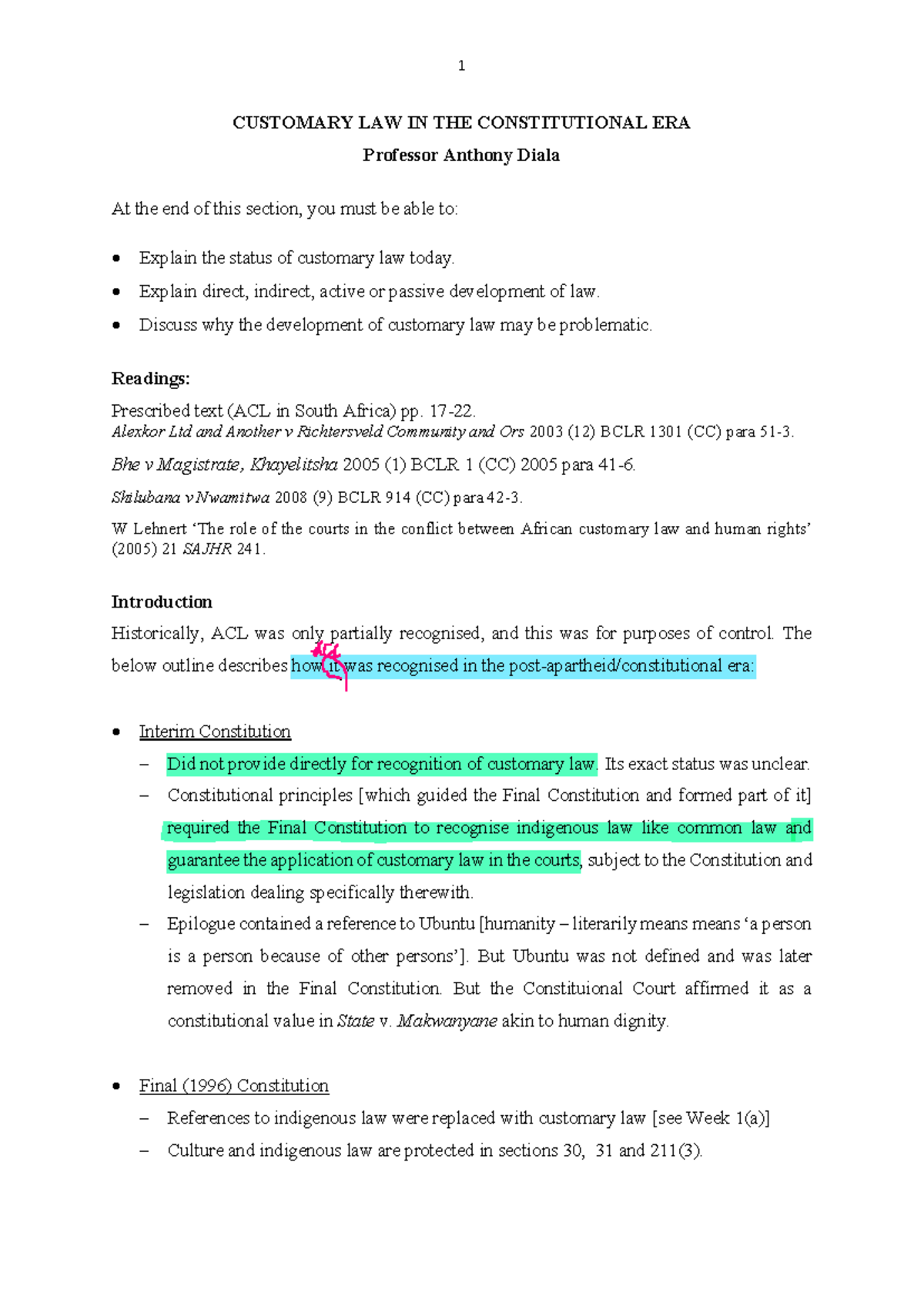 WEEK 3 - Recognition and Application of Customary Law in SA - Studocu
