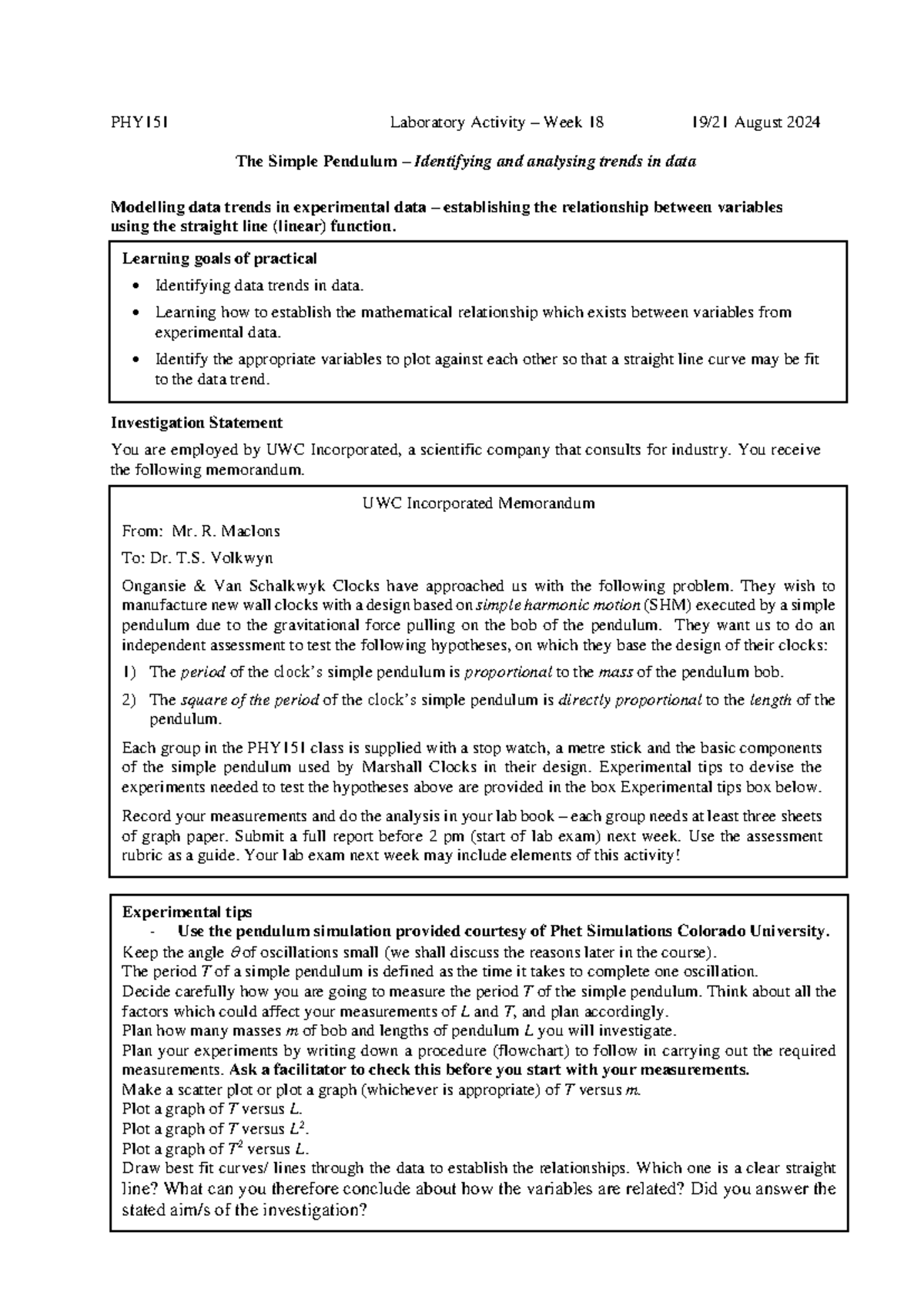 PHY151 Lab Activity: Simple Pendulum Analysis (LA18, 2024) - Studocu