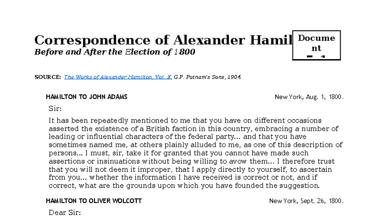 Correspondence of Alexander Hamilton: Election of 1800 Insights (TJeff ...