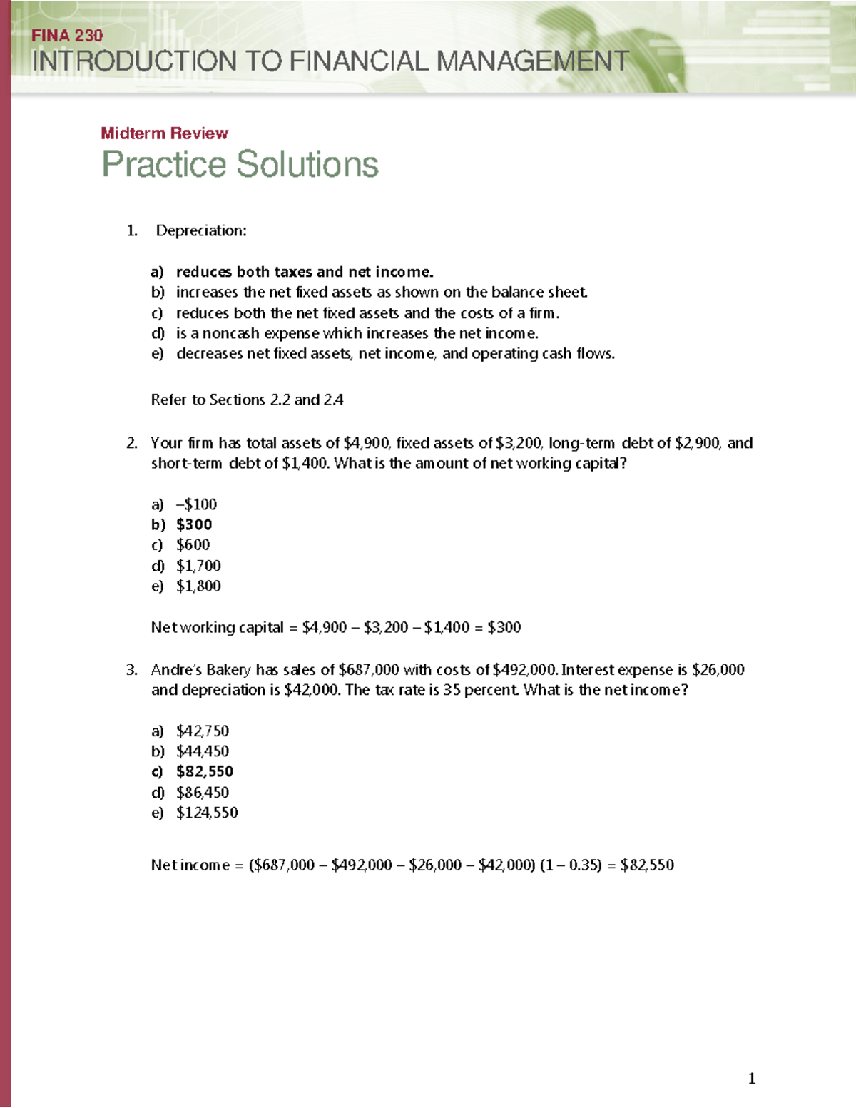 FINA230 Midterm Practice Solutions - INTRODUCTION TO FINANCIAL ...