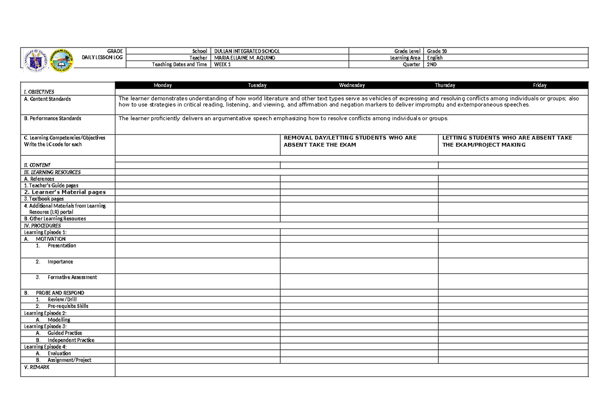 Grade 10 English Week 1 Final Daily Lesson Log - Q2 - Studocu