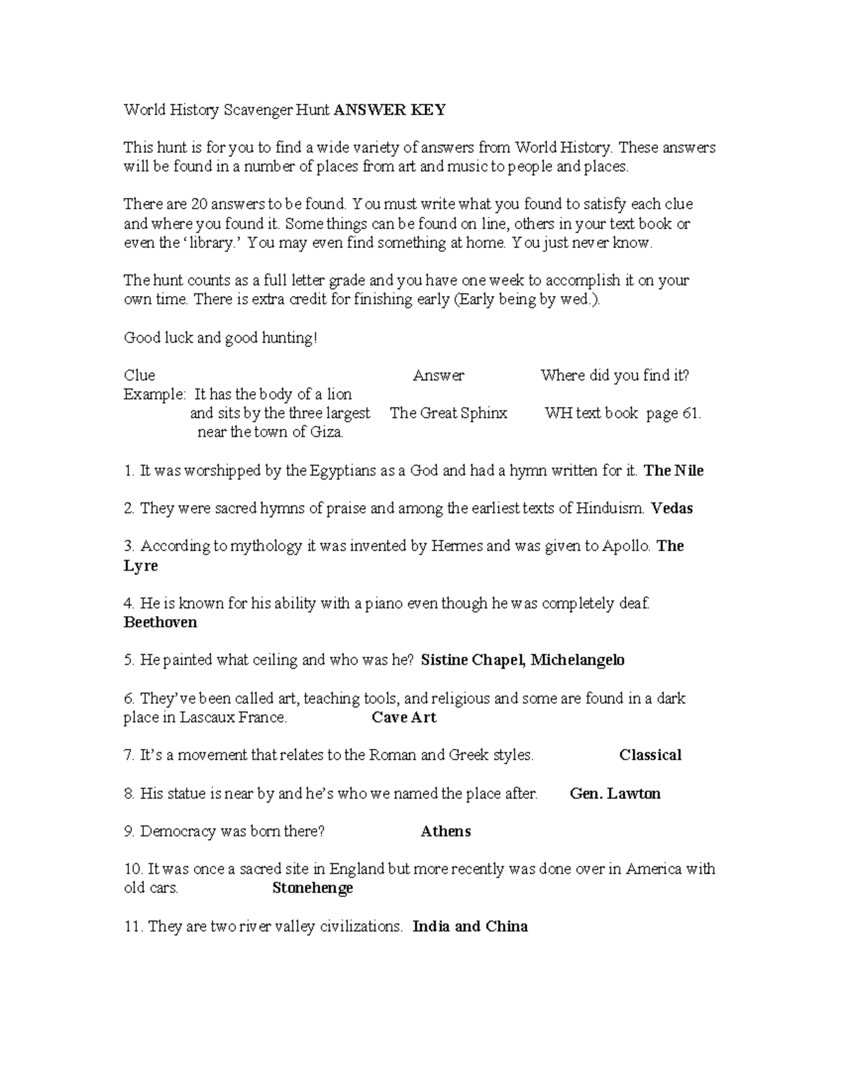 World History Scavenger Hunt - Answer Key (20 Clues) - Studocu