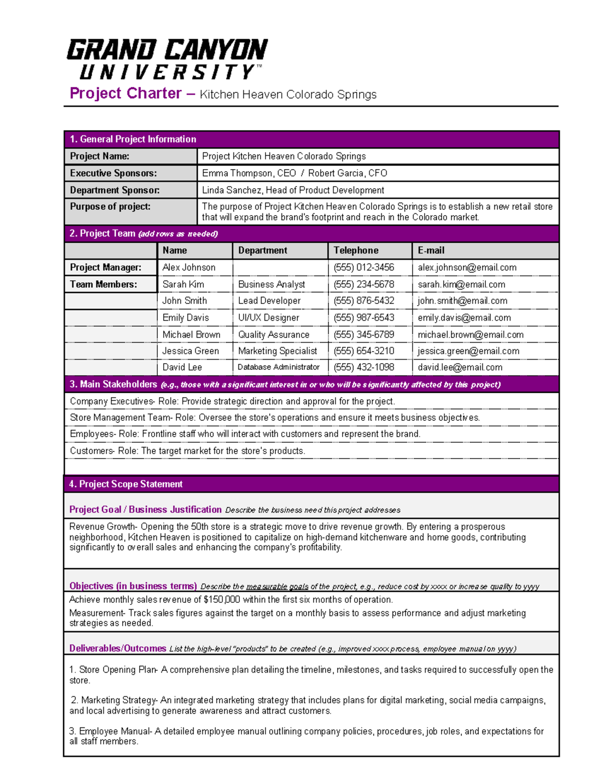 MGT-440-RS-T3 Project Charter for Kitchen Heaven Colorado Springs - Studocu