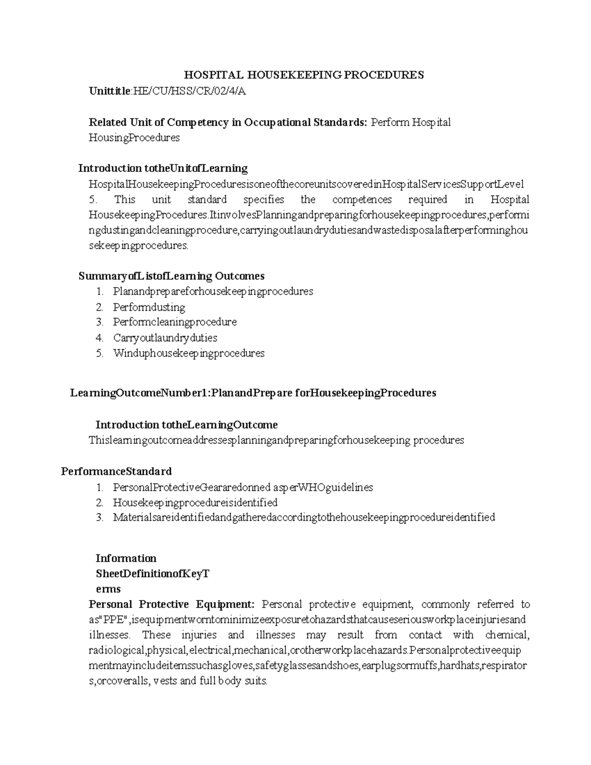 HE/CU/HSS/CR/02/4/A: Comprehensive Hospital Housekeeping Procedures ...