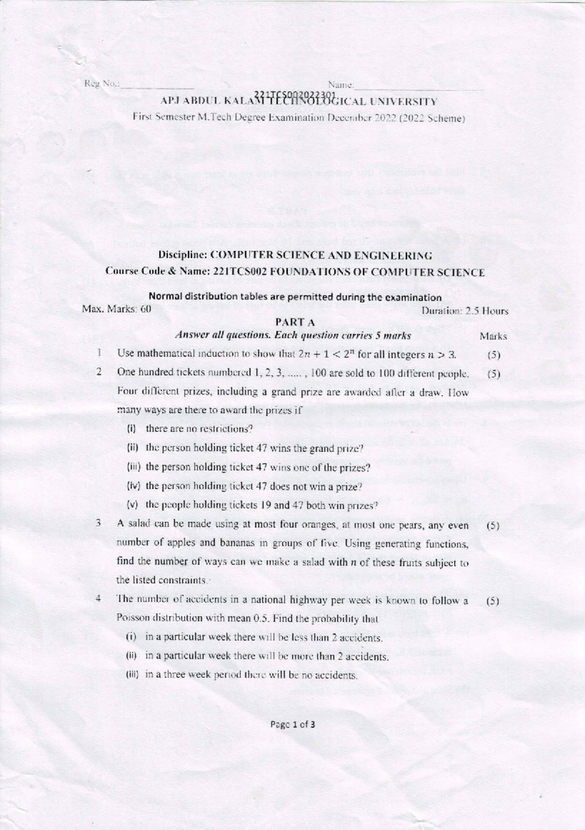 Foundations of Computer Science - M.Tech 221TCS002 Exam Dec 2022 - Studocu