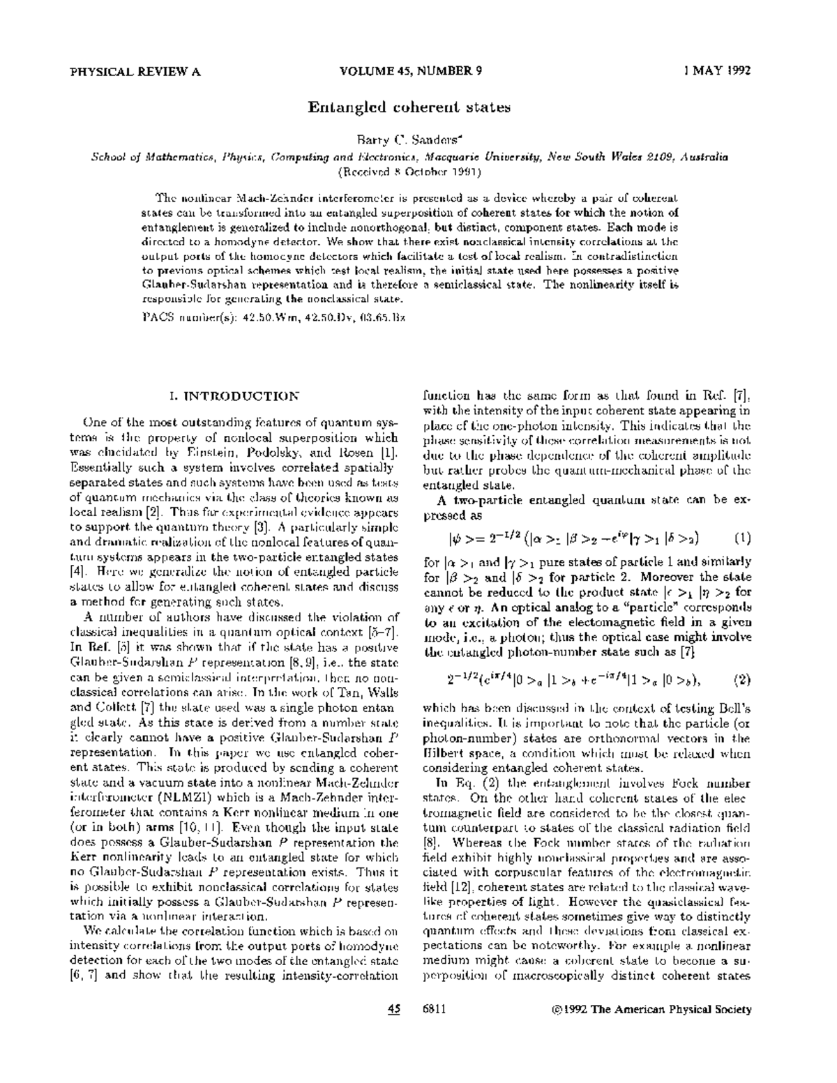 Entangled Coherent States in Nonlinear Interferometers - Phys Rev A 45 ...