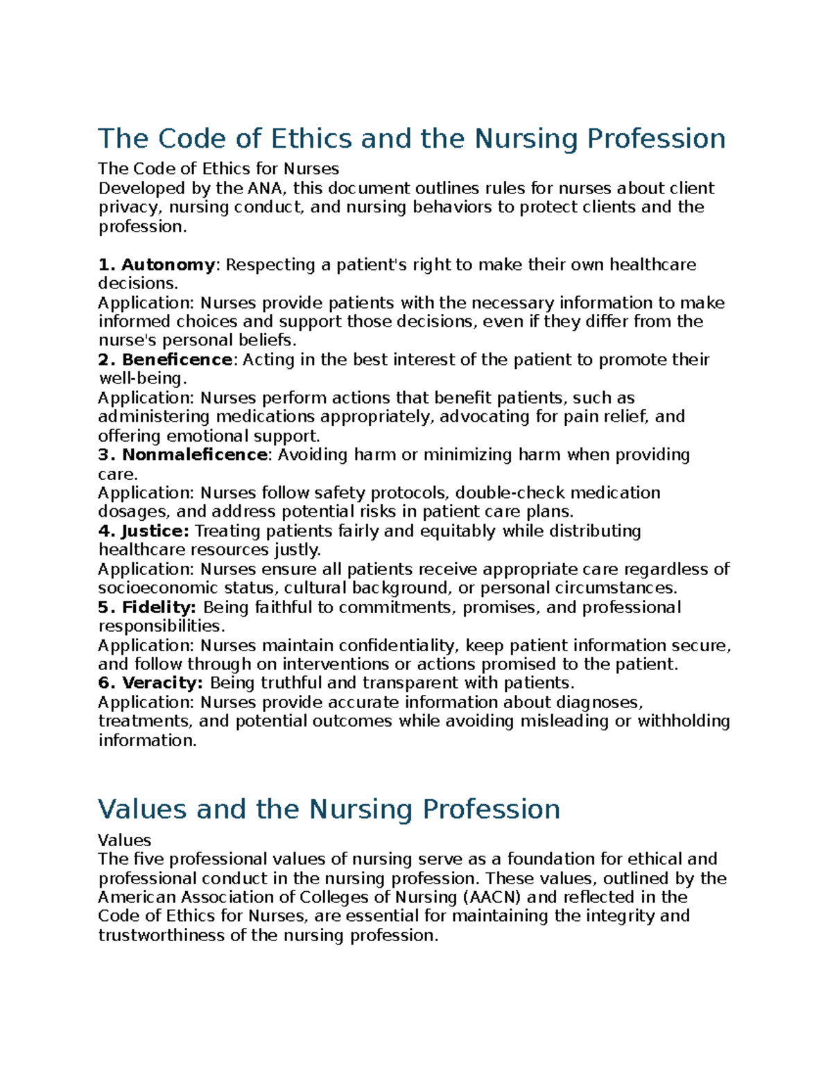 NUR 101: Code of Ethics and Values in Nursing Profession Overview - Studocu